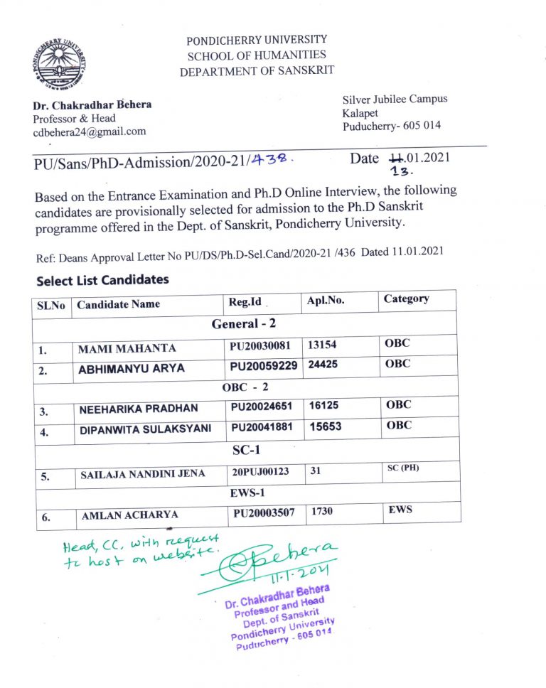 Admissions 2020-21: Ph.D. Sanskrit – Provisional Select List ...