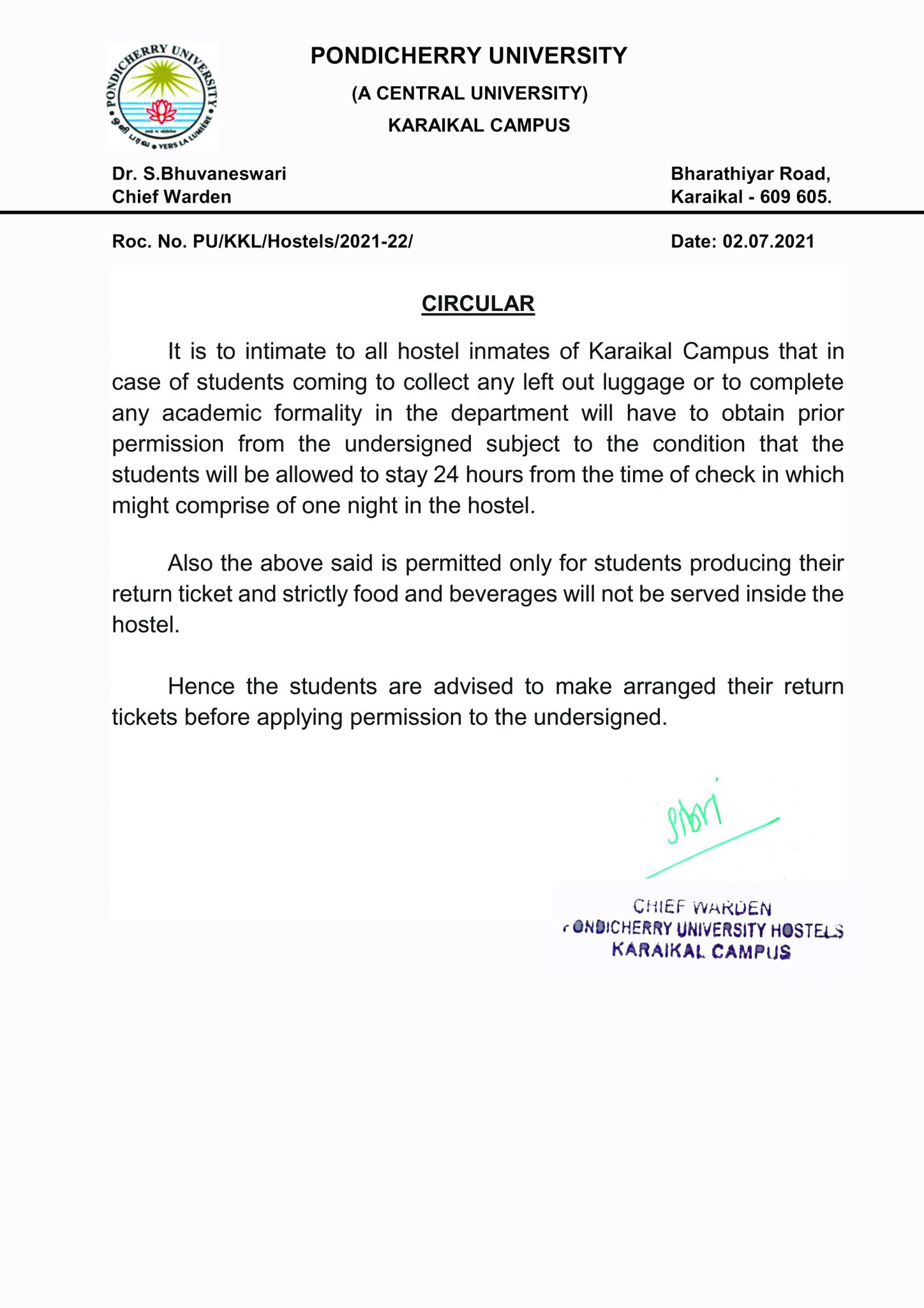 Intimation to all hostel inmates of Karaikal Campus – Pondicherry ...