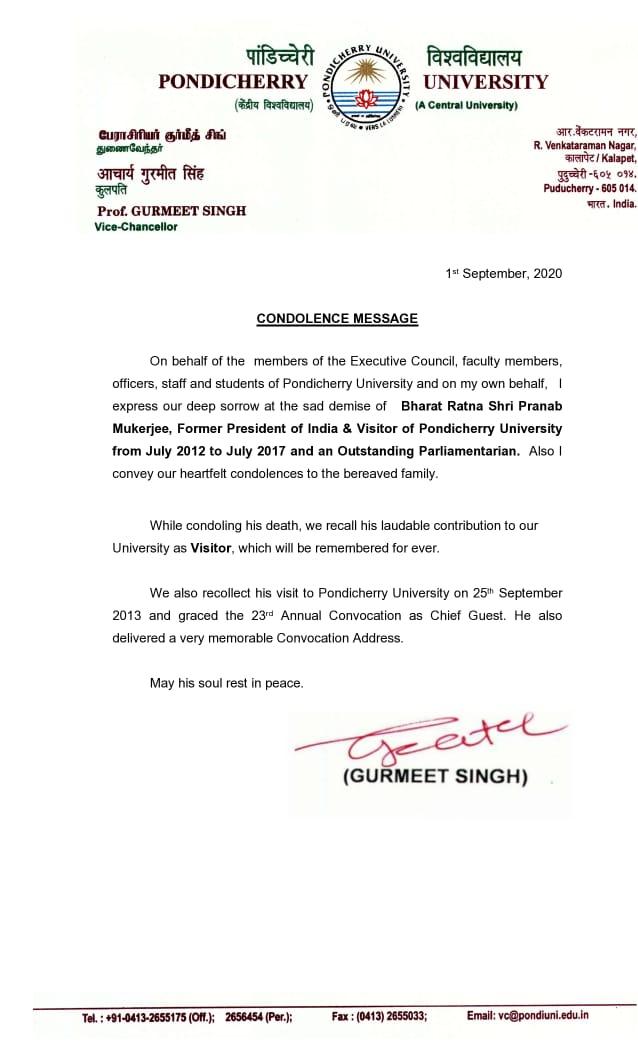 Condolence Message – Demise of Bharat Ratna Shri Pranab Mukerjee ...
