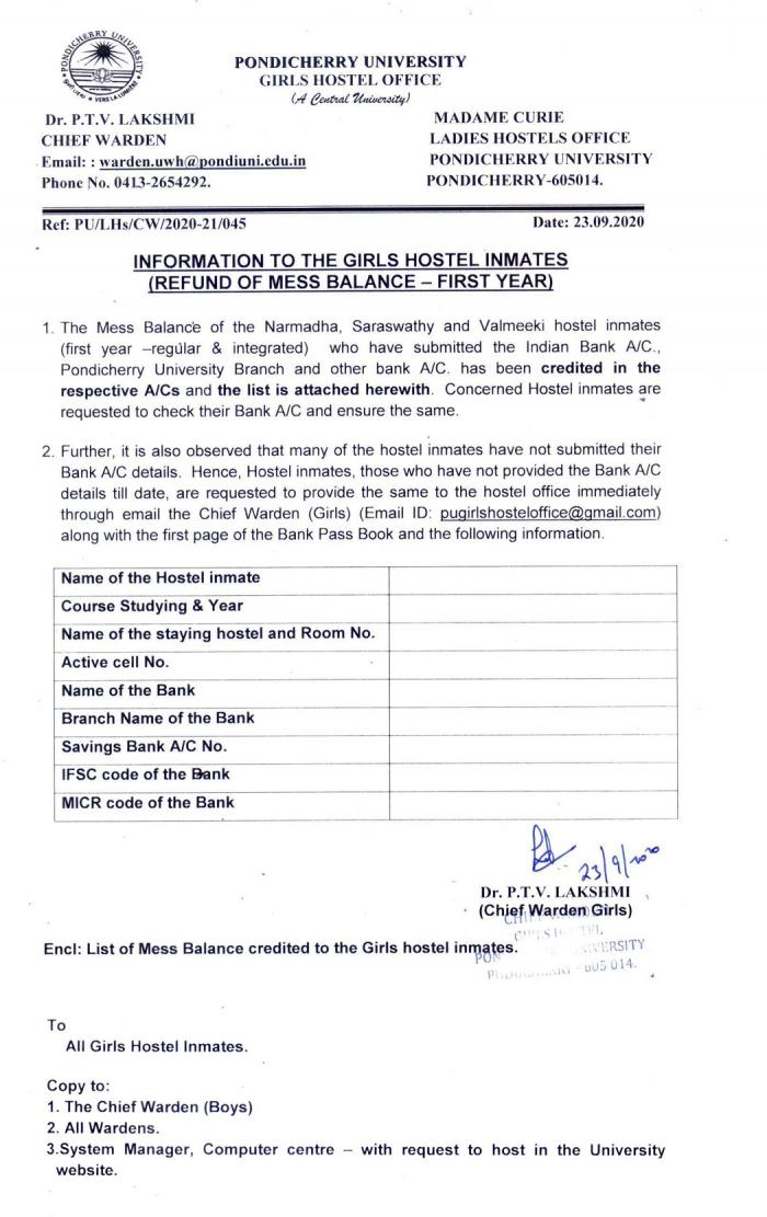 Information to the Girls hostel Inmates (Refund of Mess Balance – First ...