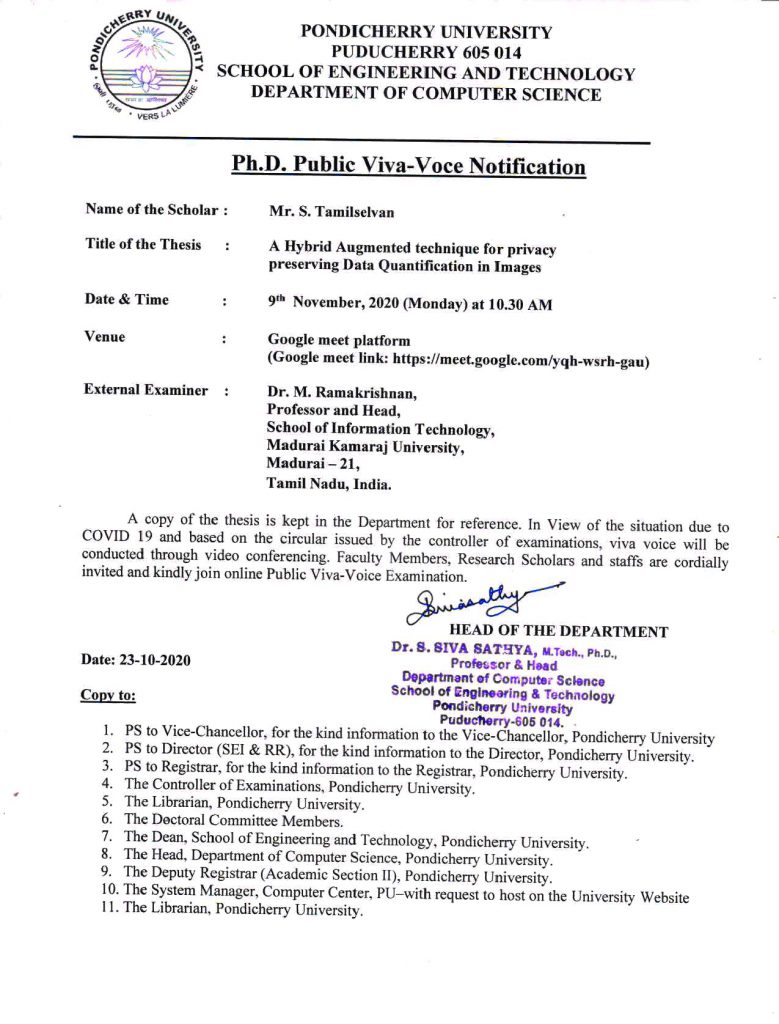 Ph.D. Public Viva-Voce Notification of Mr. S.Tamilselvan on 09th ... Ph.D. Public Viva-Voce Notification of Mr. S.Tamilselvan on 09th ...