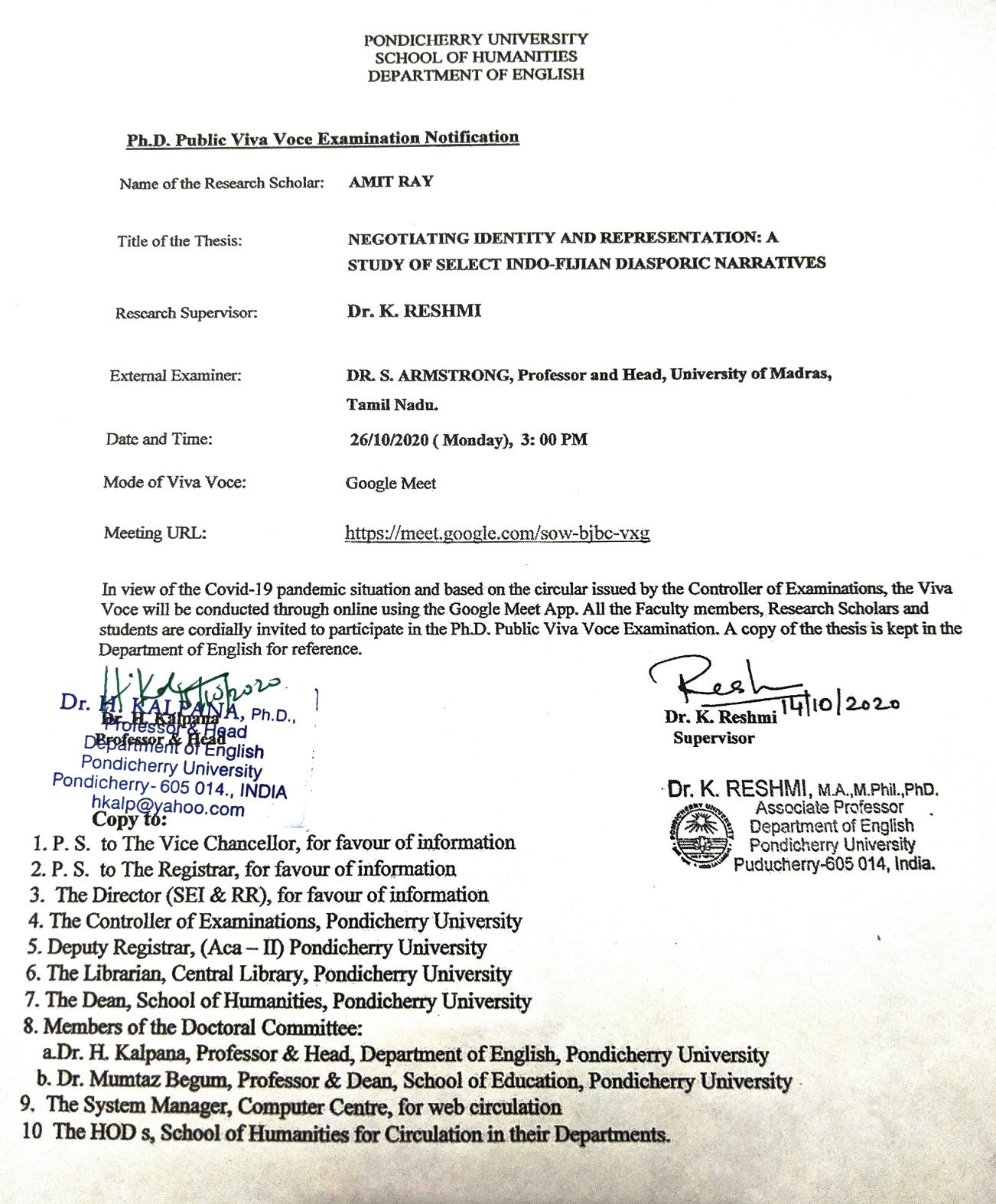 Ph.D. Public Viva-Voce Examination Notification of Amit Ray on 26.10. ... Ph.D. Public Viva-Voce Examination Notification of Amit Ray on 26.10. ...
