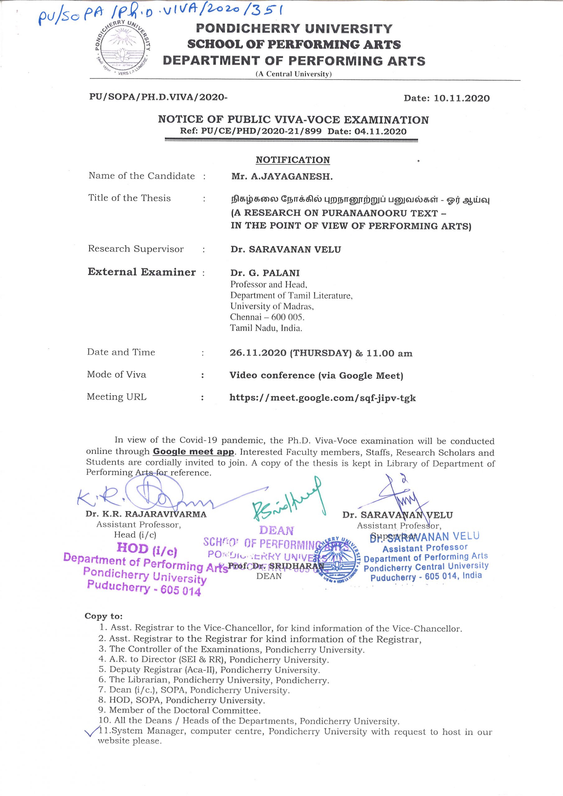 Ph.D. Public Viva-Voce Examination Notification of Mr. A. Jayaganesh on ... Ph.D. Public Viva-Voce Examination Notification of Mr. A. Jayaganesh on ...