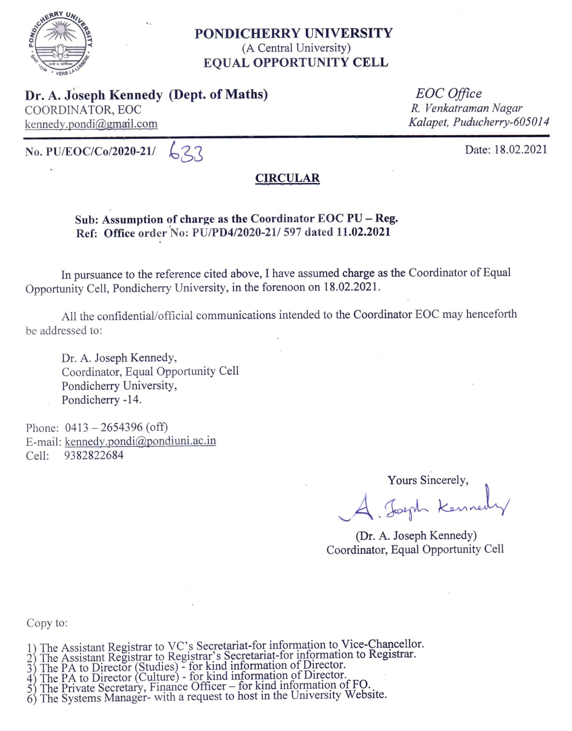 Assumption of charge as the Coordinator, Equal Opportunity Cell ...