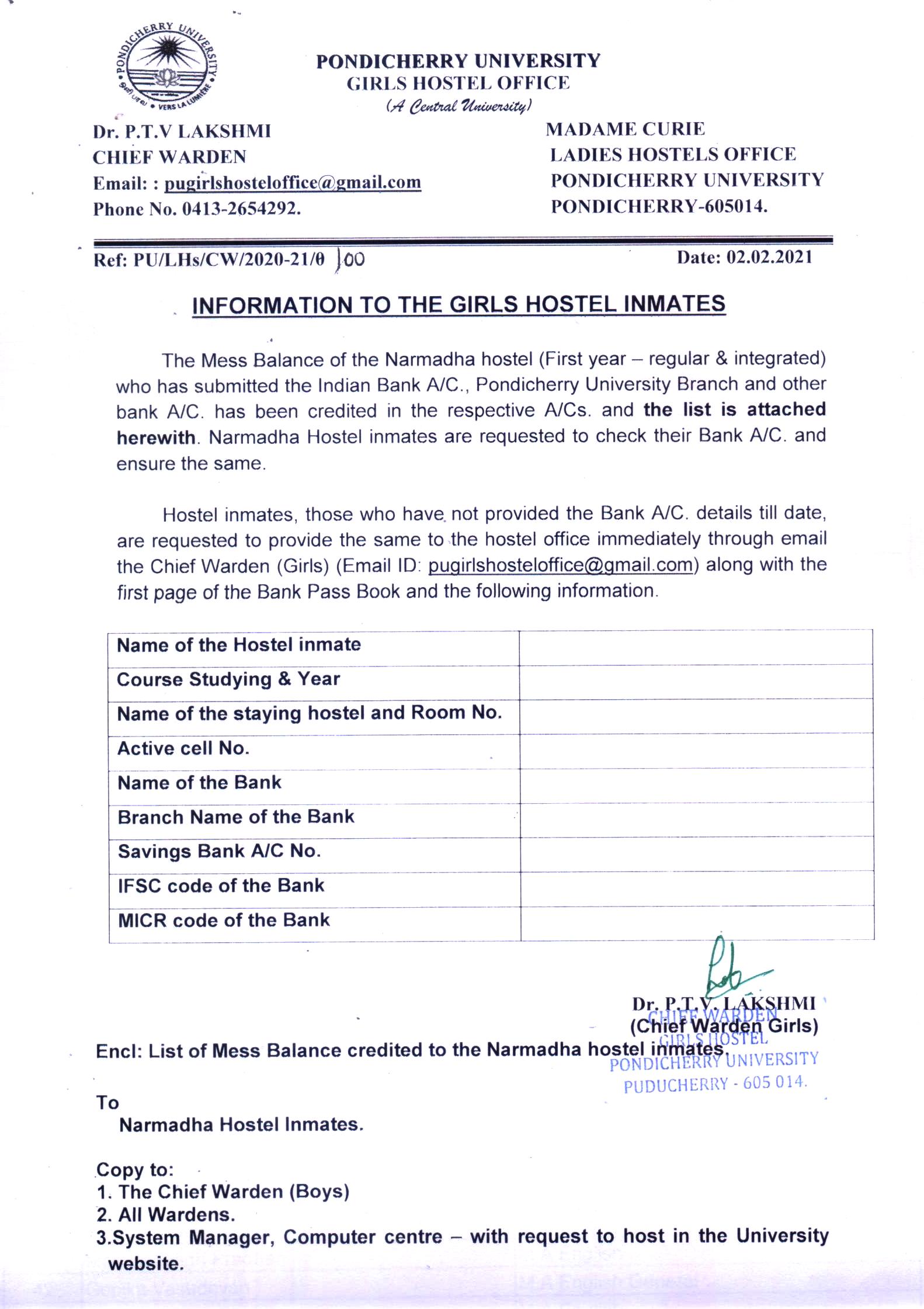 Information to the Girls Hostel Inmates – Pondicherry University