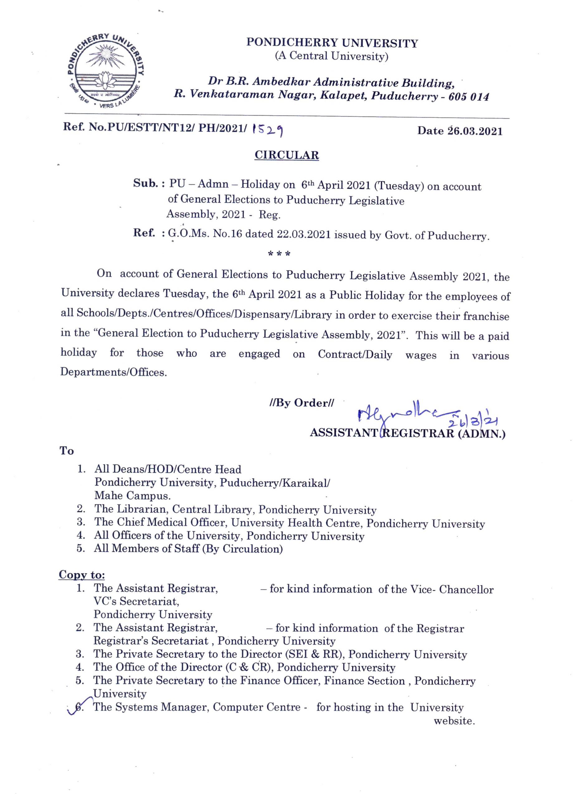 Holiday on 6th April 2021 (Tuesday) on account of General Elections to ...