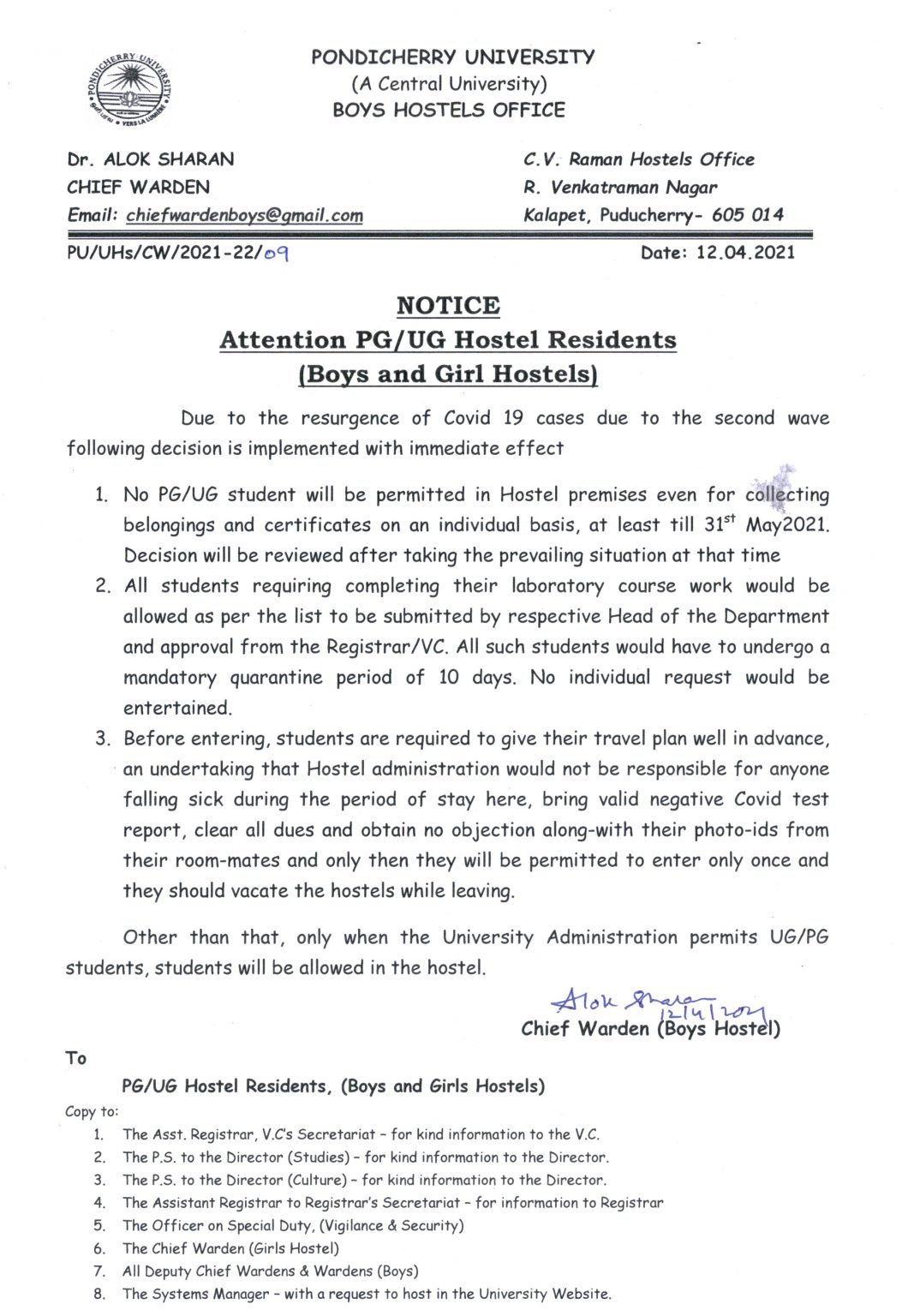 Notice – PG/UG Hostel Residents (Boys and Girl Hostels) – Pondicherry ...