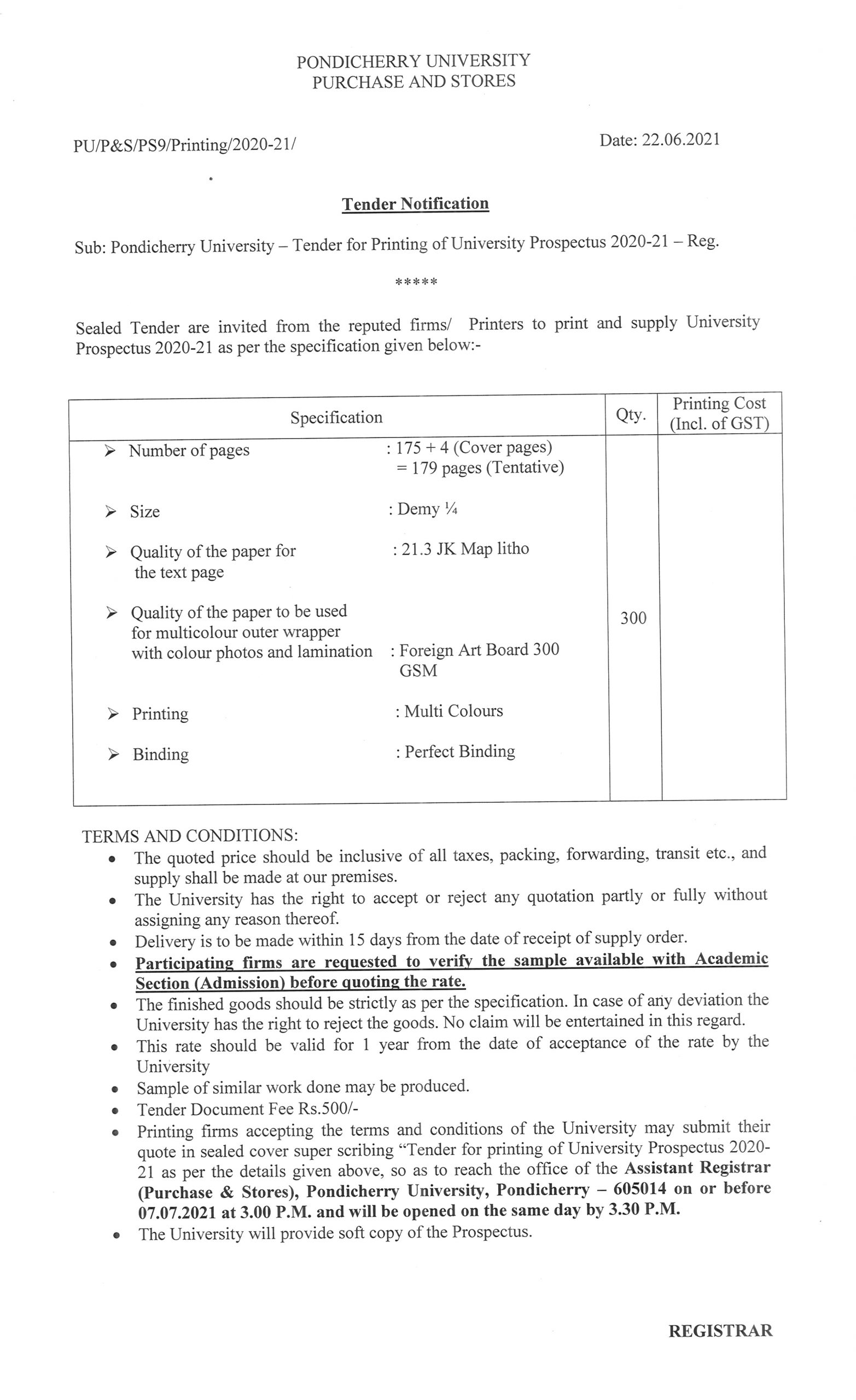 Tender for Printing of University Prospectus 2020-21 – Pondicherry ...