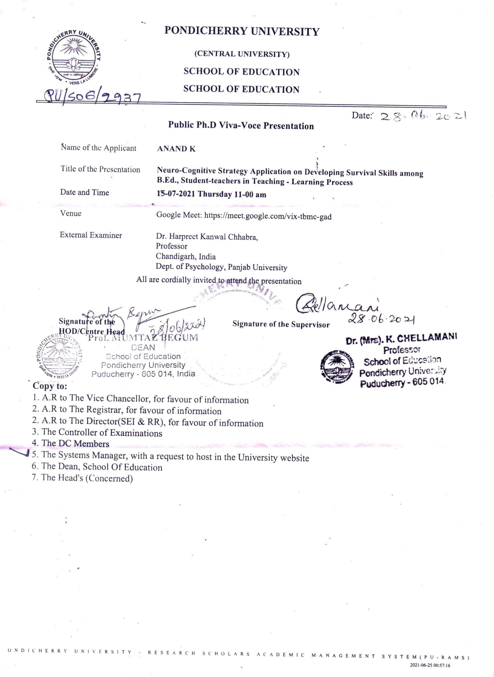 Phd Public Viva Voce Presentation Of Mr Anand K On 15072021 Pondicherry University