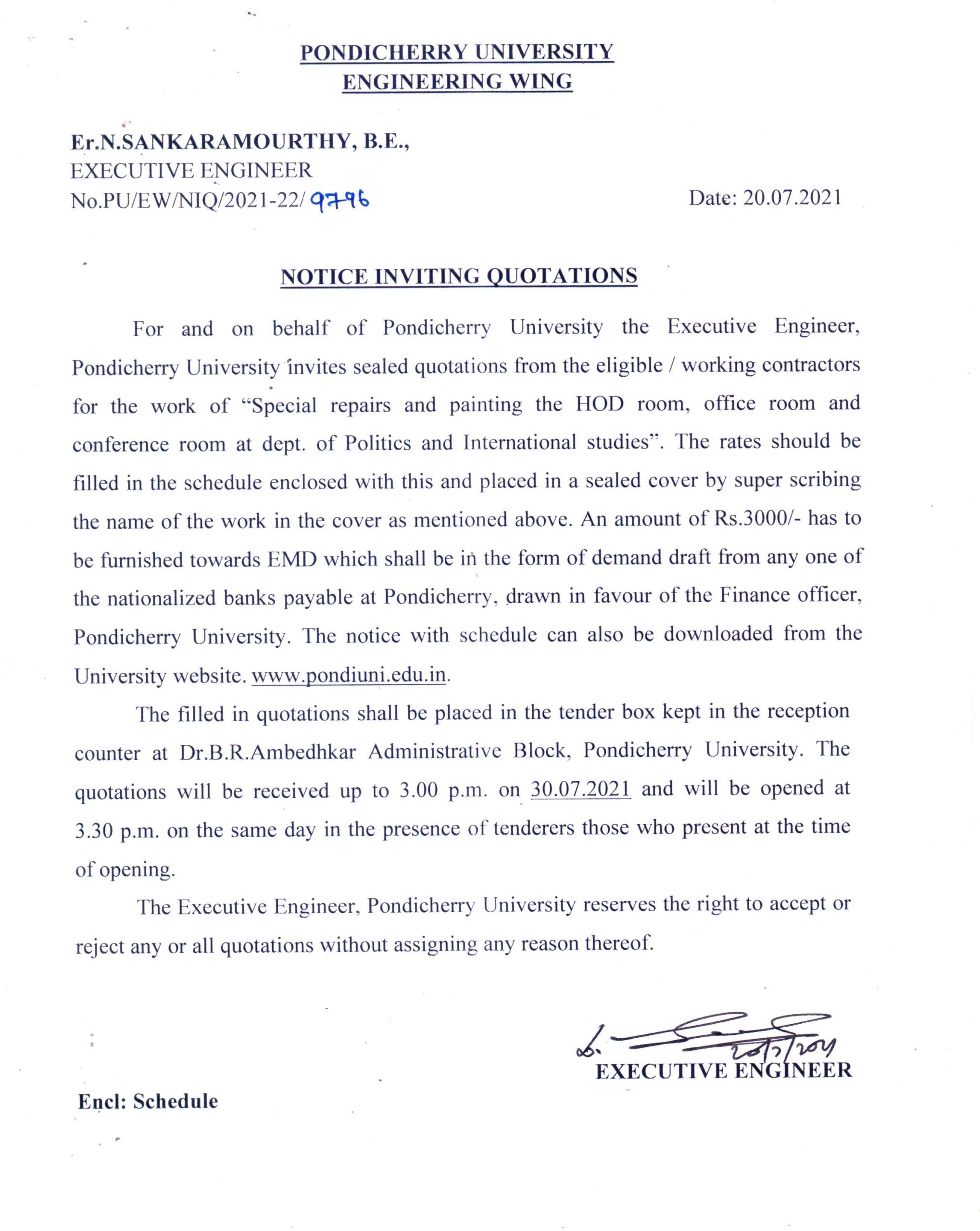 Notice Inviting Quotations – Special repairs and painting the HOD room ...