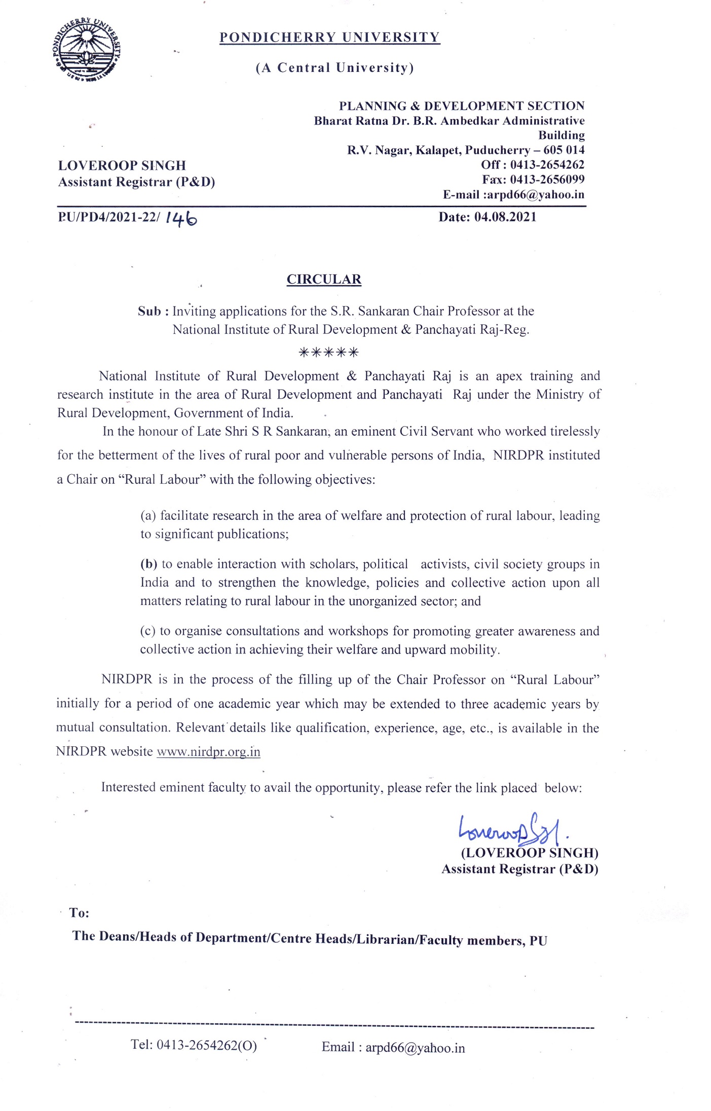 Inviting applications for the S.R. Sankaran Chair Professor at the ...