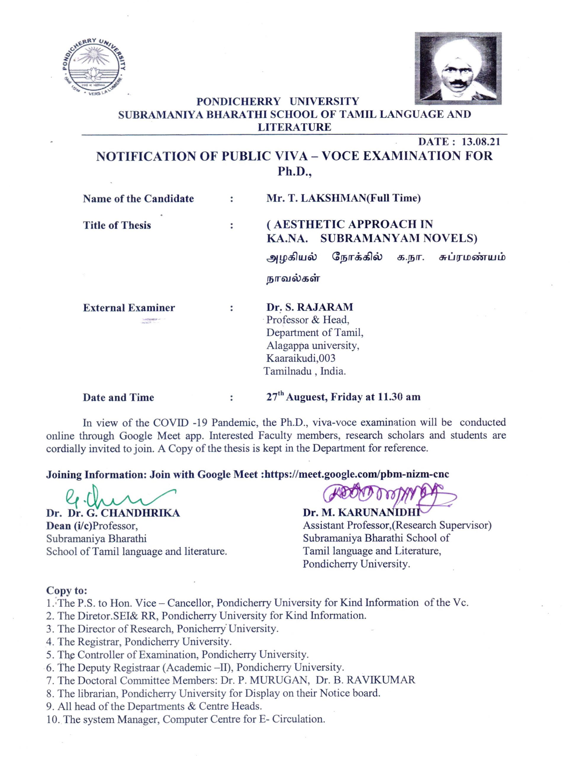 Notification of Public Ph.D. Viva-Voce Examination of Mr. T. Lakshman ... Notification of Public Ph.D. Viva-Voce Examination of Mr. T. Lakshman ...