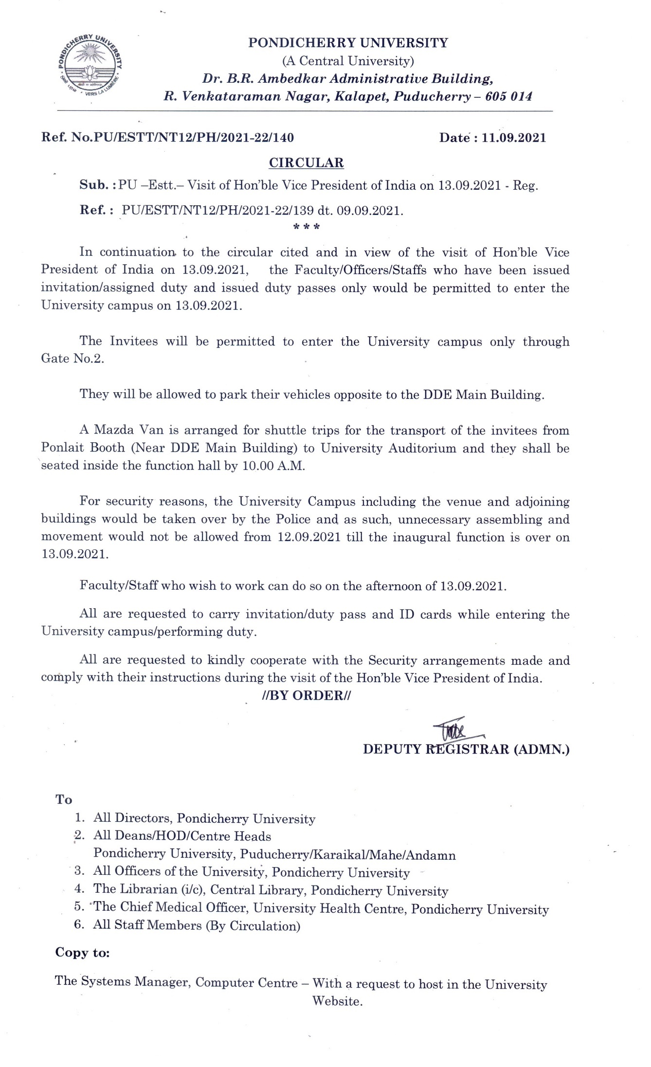 Visit of Hon’ble Vice President of India on 13.09.2021 – Pondicherry ...