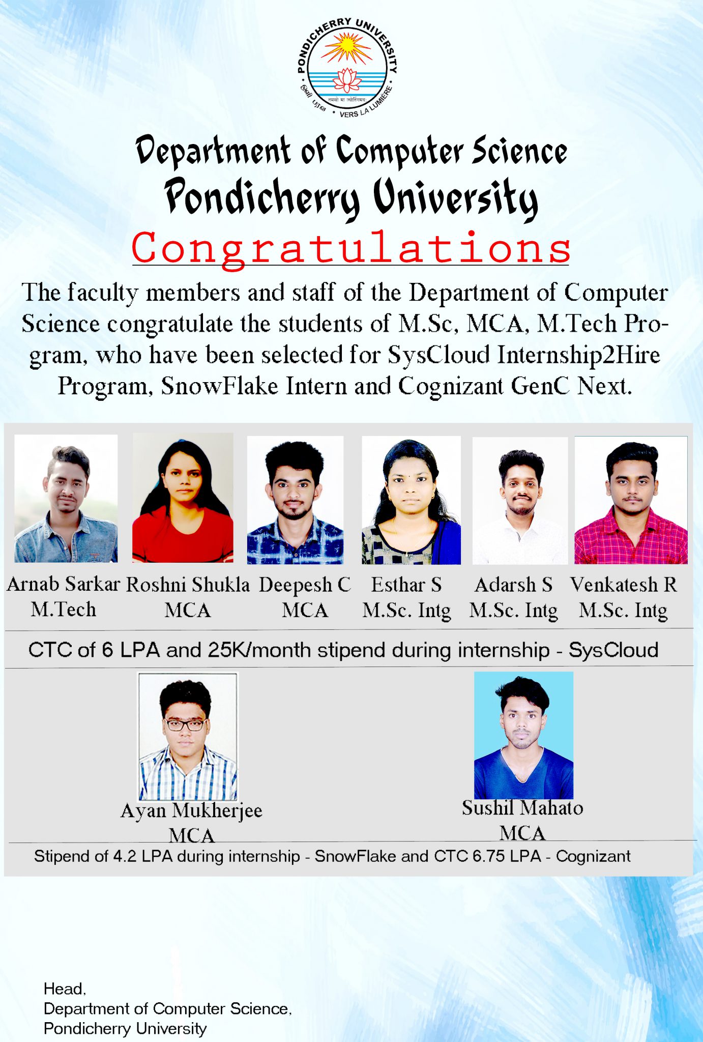 Student Achievement – Congratulations Message – Department of Computer ...