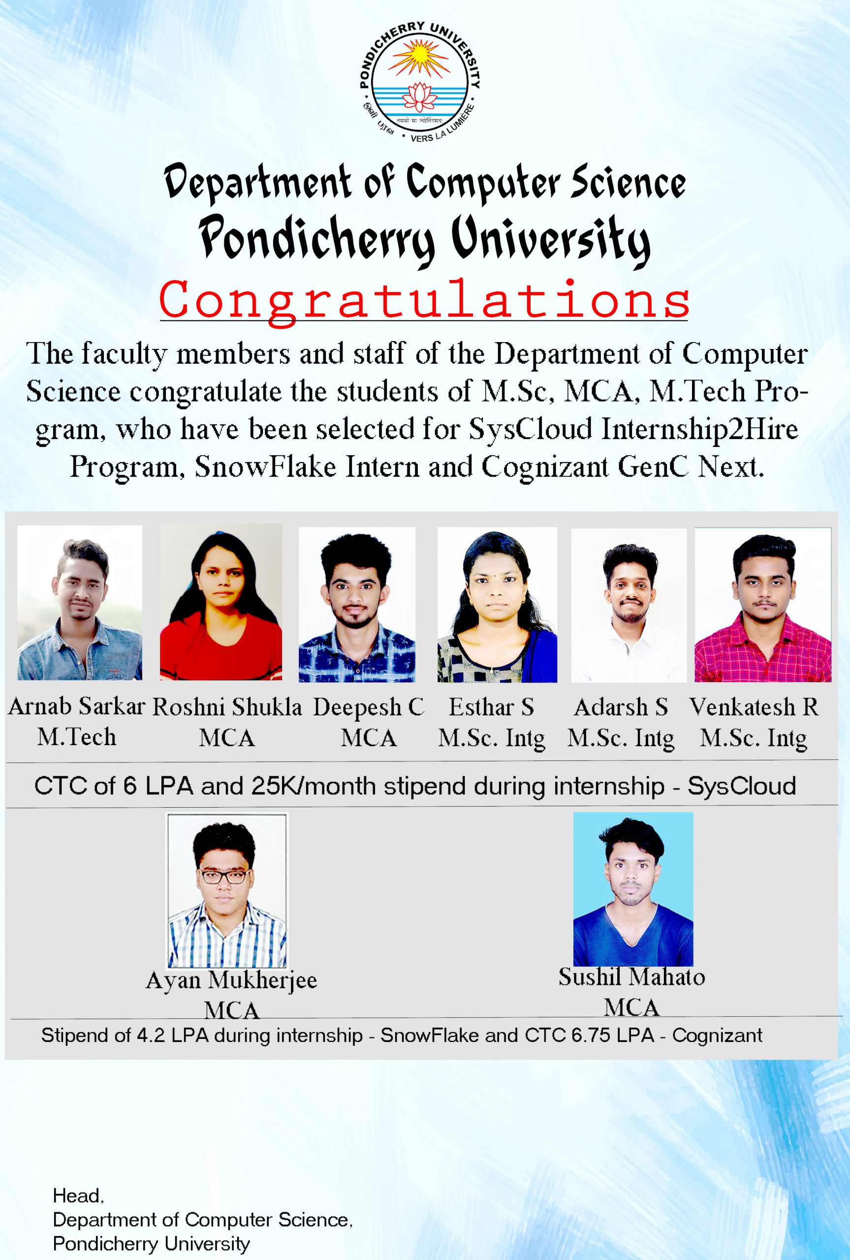 Student Achievement – Congratulations Message – Department of Computer ...