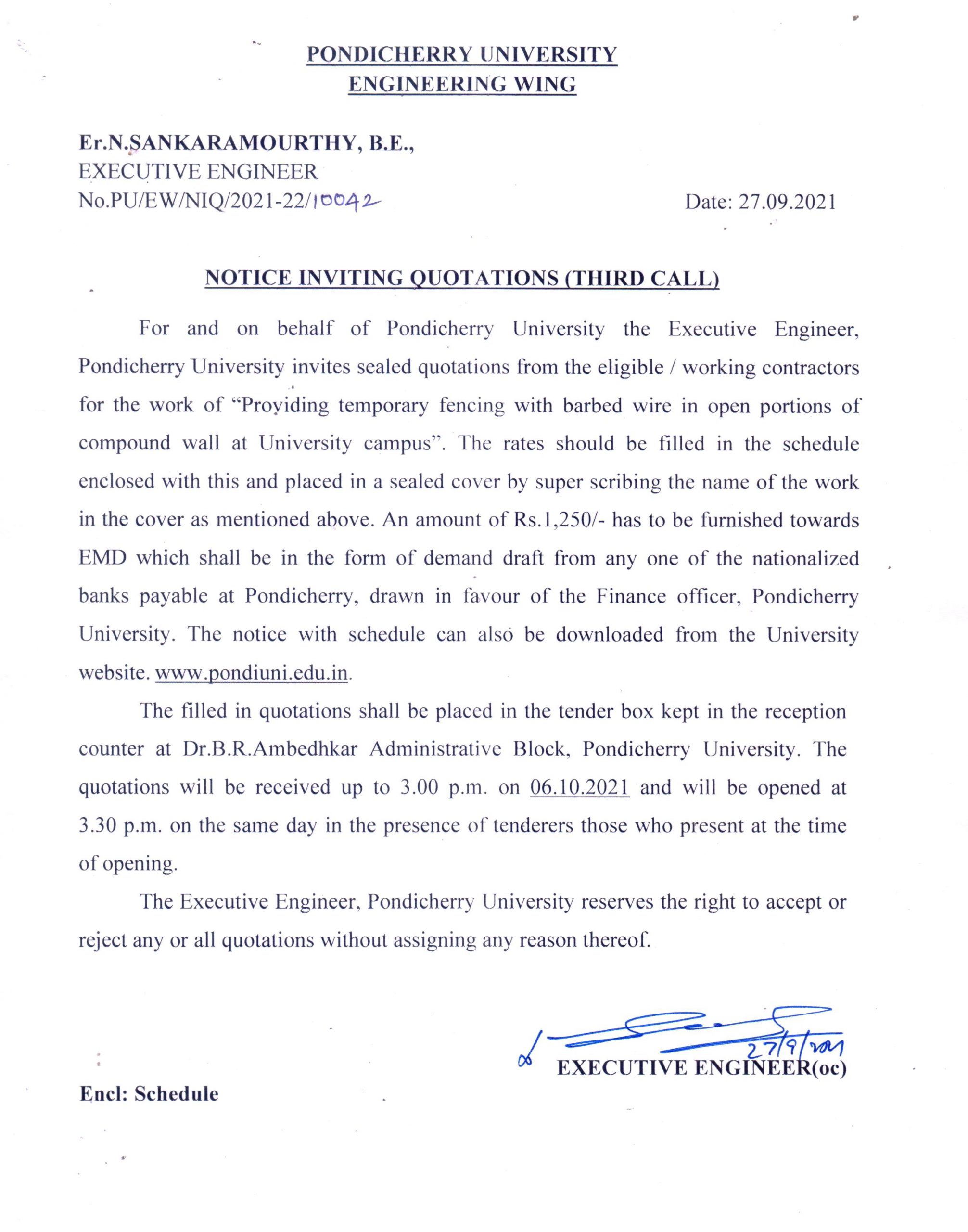 Notice Inviting Quotations (Third Call) – Providing temporary fencing ...