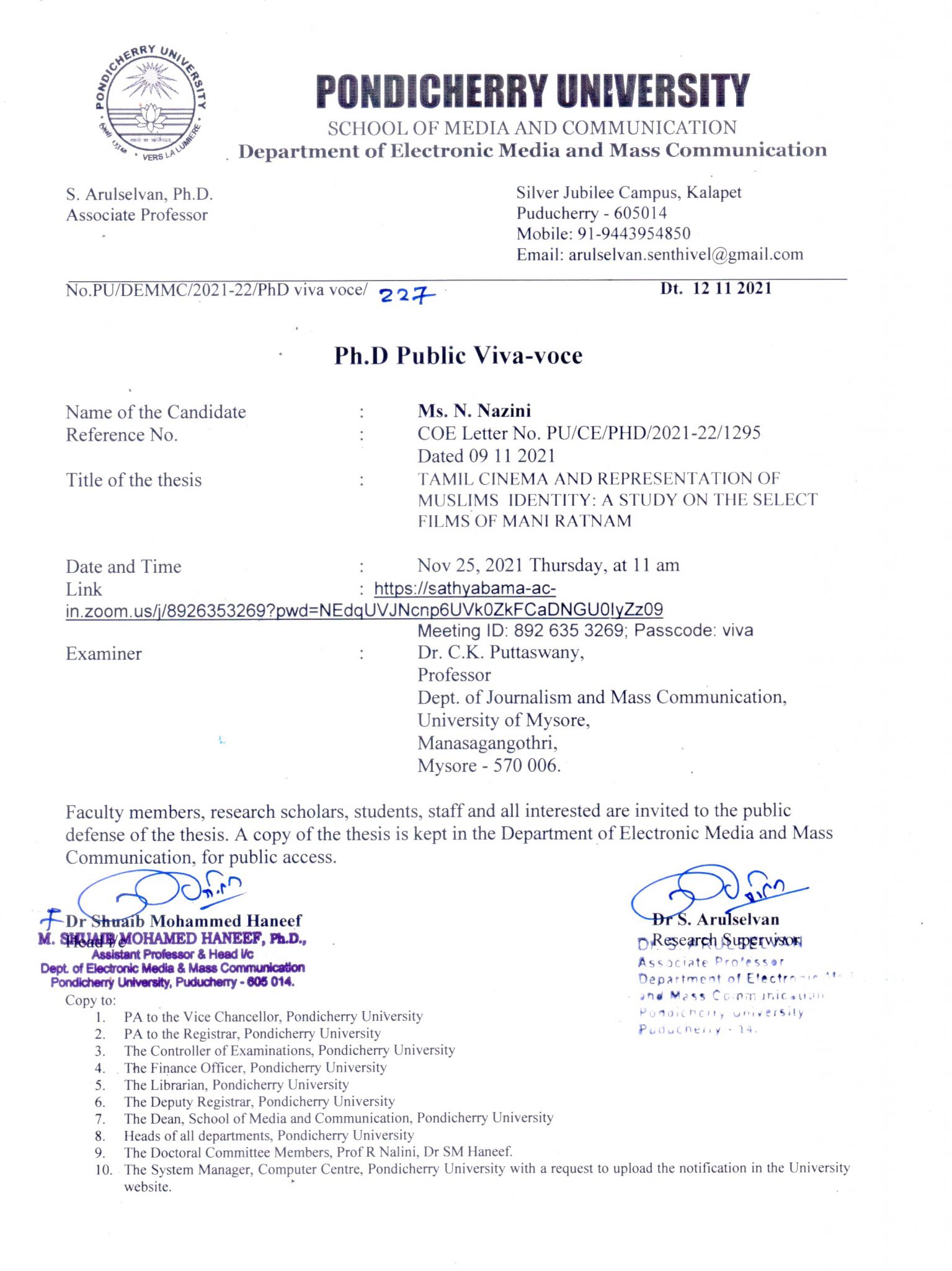 Notification of Ph.D. Public Viva-Voce Examination of Ms. N. Nazini on ... Notification of Ph.D. Public Viva-Voce Examination of Ms. N. Nazini on ...