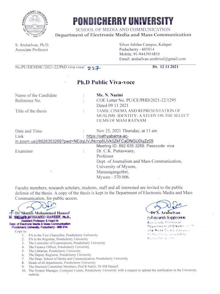Notification of Ph.D. Public Viva-Voce Examination of Ms. N. Nazini on ... Notification of Ph.D. Public Viva-Voce Examination of Ms. N. Nazini on ...