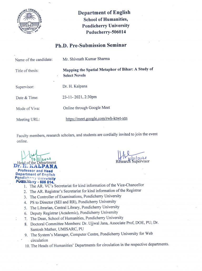 Pre-Ph.D. Seminar notification of Mr. Shivnath Kumar Sharma on 23.11. ...