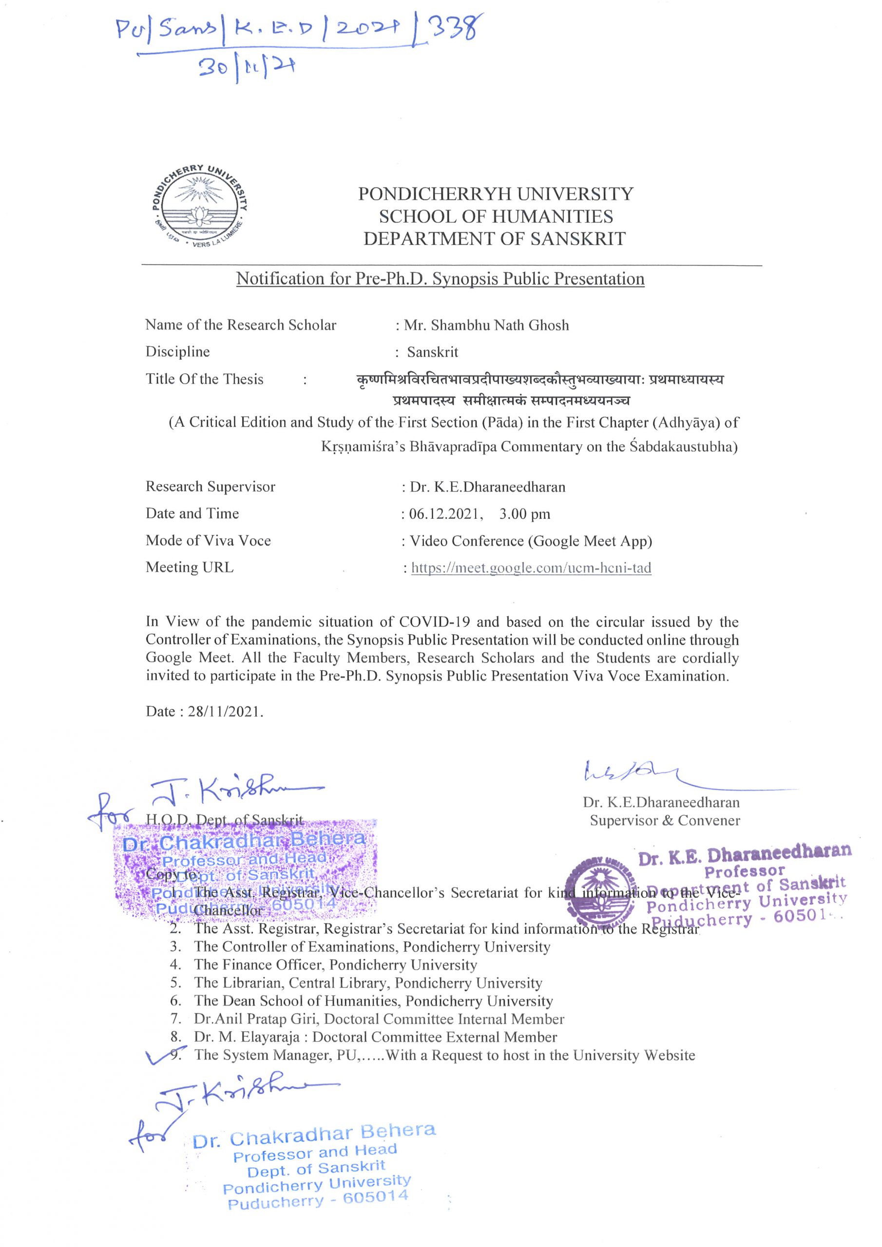 Pre-Ph.D. Synopsis Presentation notification of Mr. Shambhu Nath Ghosh on 06.12.2021 ...