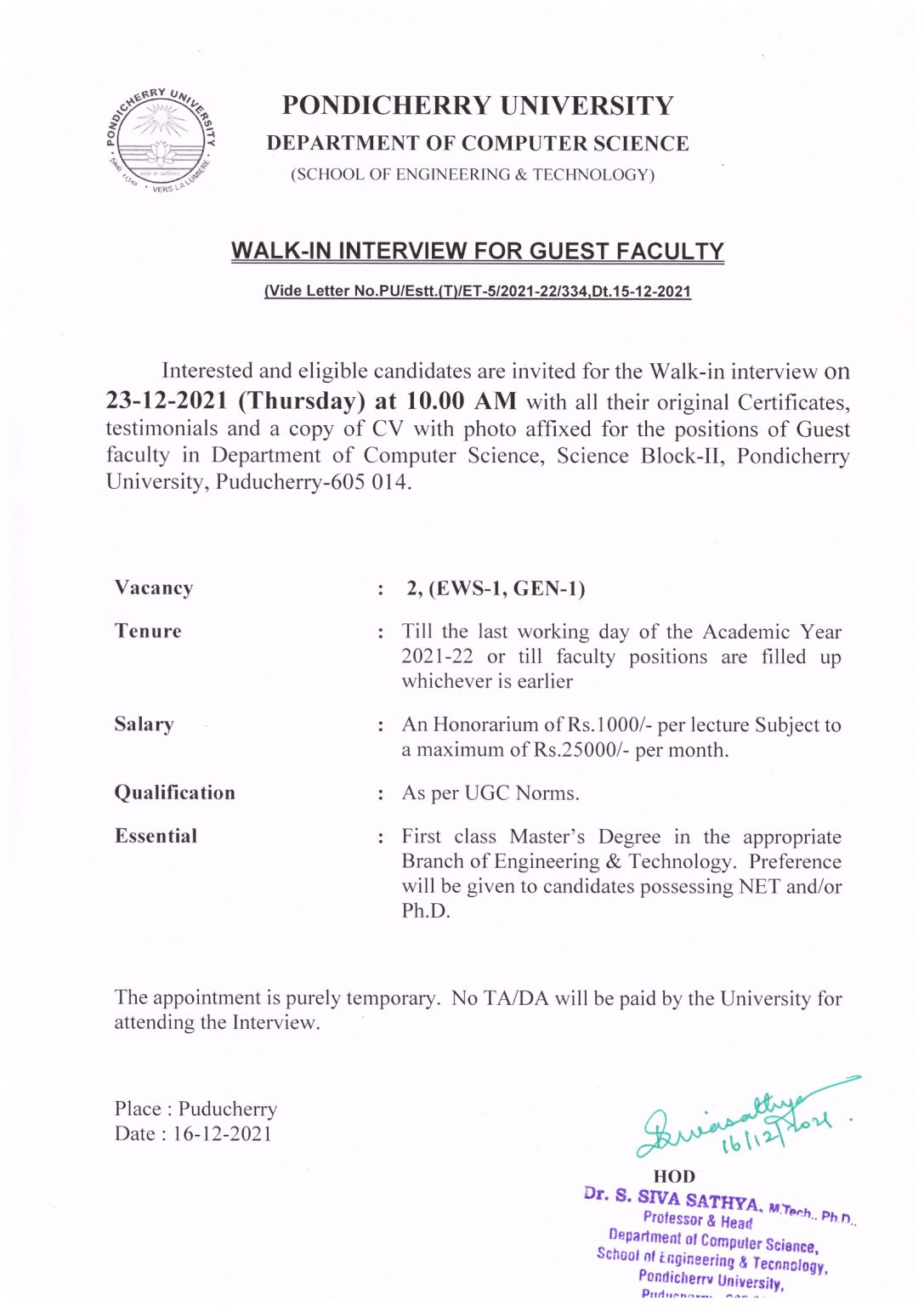 Walk-in-Interview for Guest Faculty Positions – Department of Computer ...