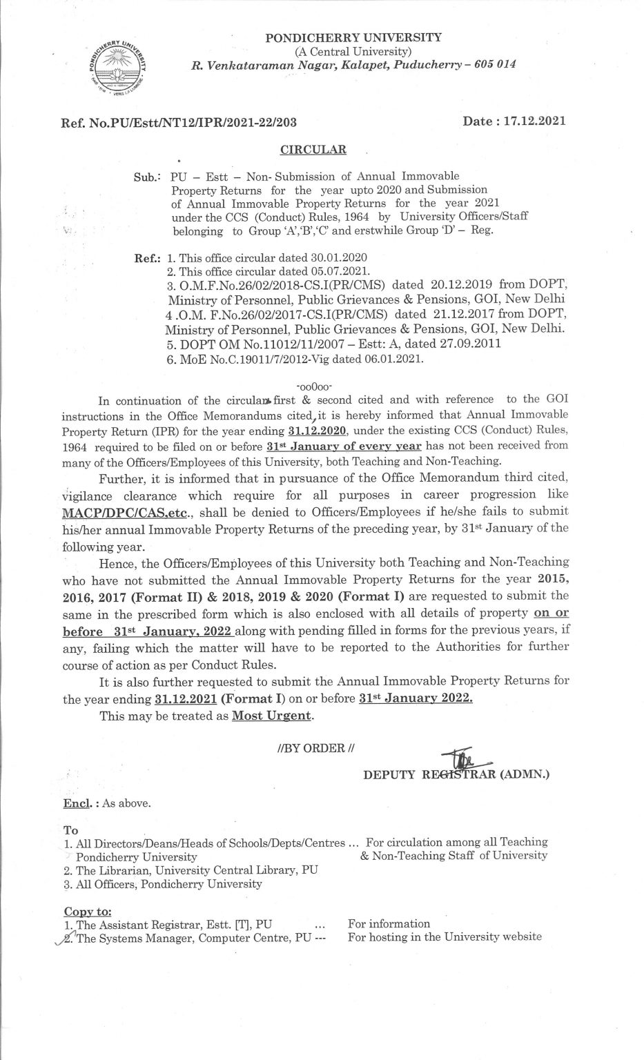 Non-Submission of Annual Immovable Property Returns for the year upto ...