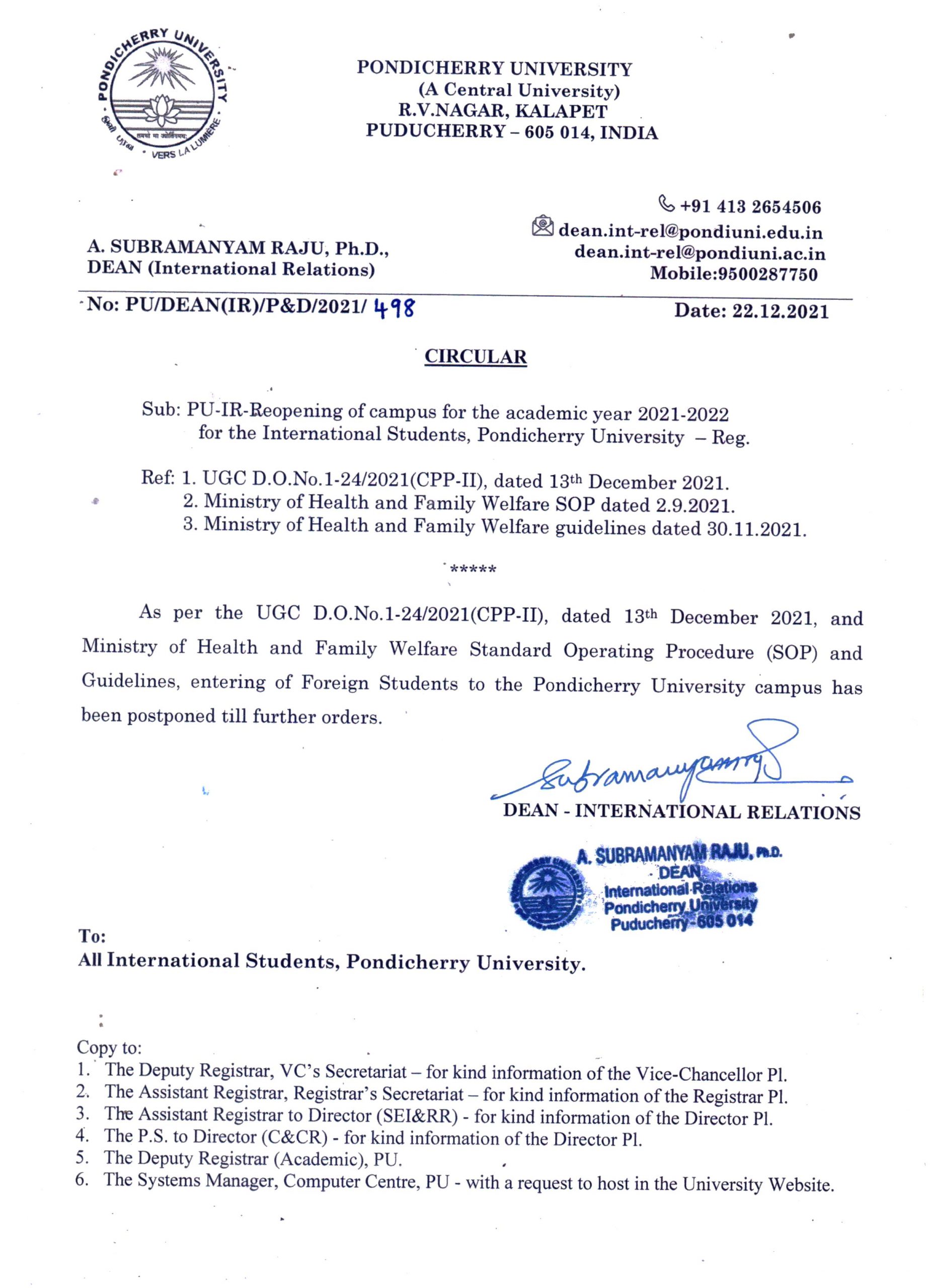 Reopening of campus for the academic year 2021-2022 for the ...