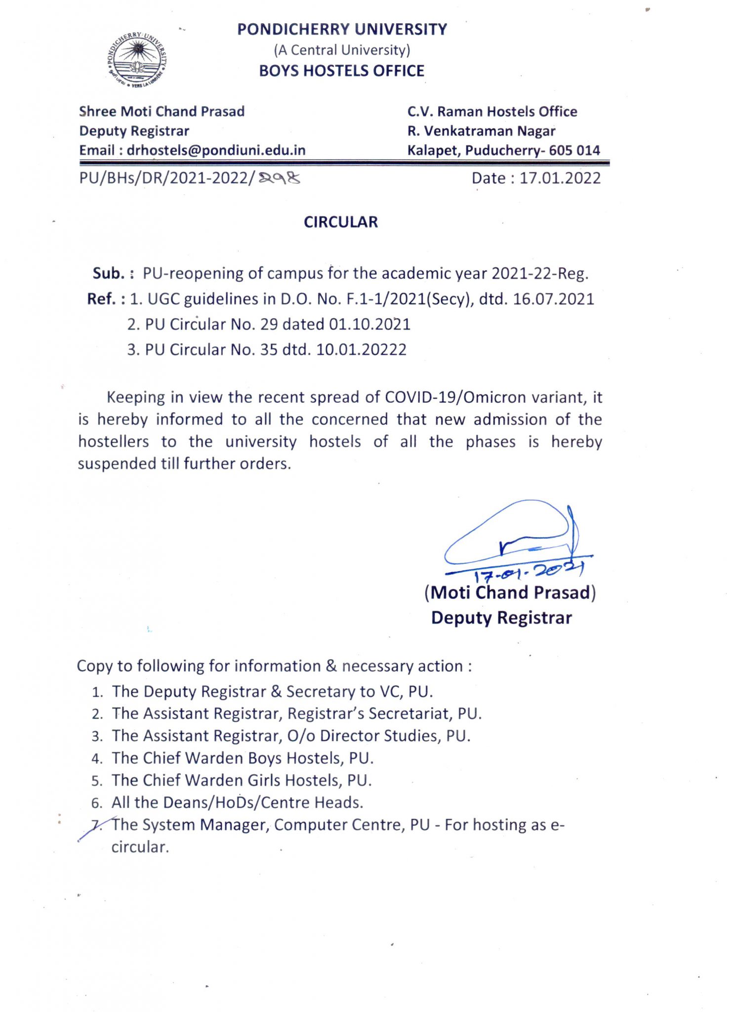 Reopening of Campus for the academic year 2021-22 – Pondicherry University