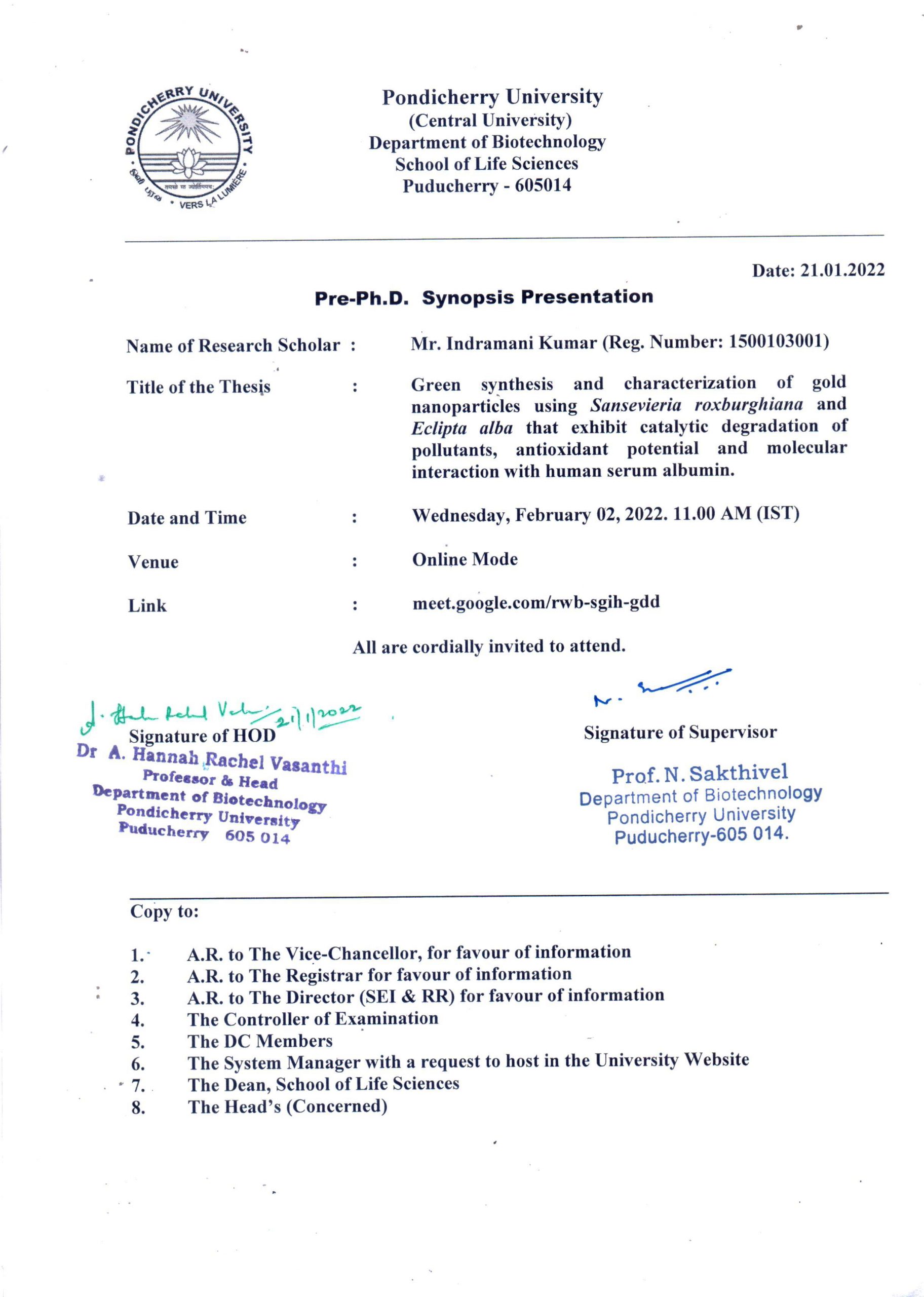 Pre-Ph.D. Synopsis Presentation notification of Mr. Indramani Kumar on ...