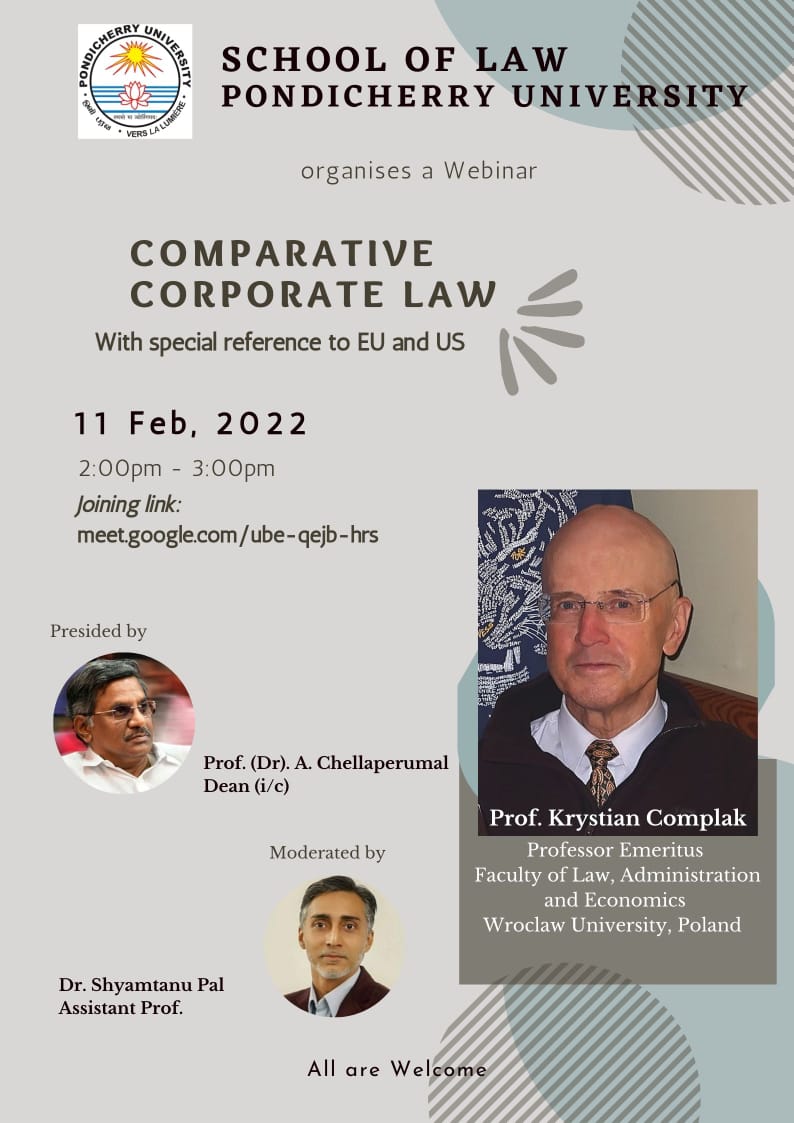 Webinar on Comparative Corporate Law – School of Law – Pondicherry ...