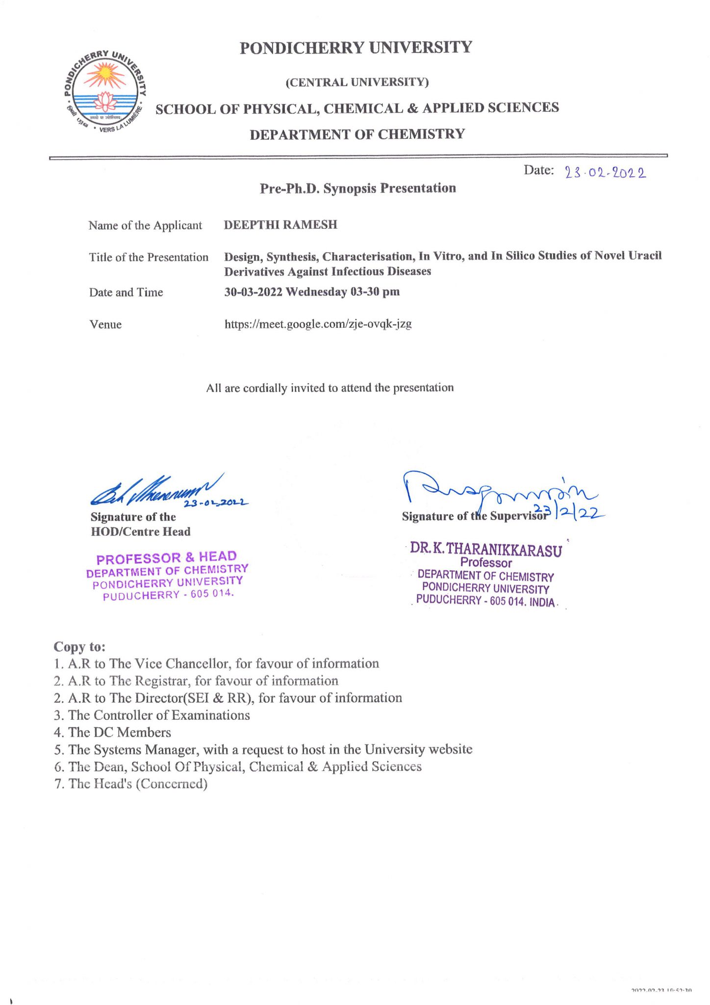 Pre-Ph.D. Synopsis Presentation notification of Deepthi Ramesh on 30.03 ...