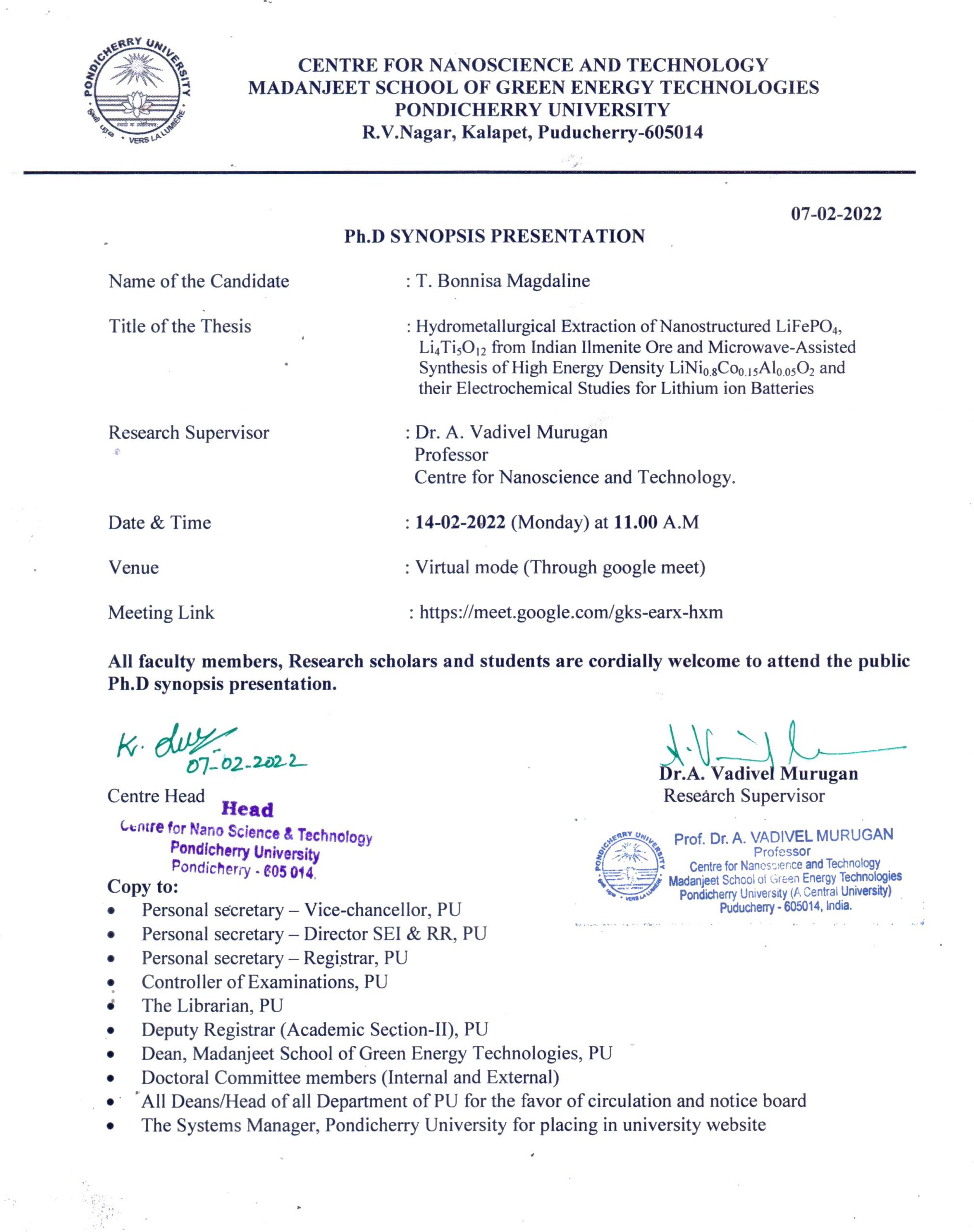 Ph.D. Synopsis Presentation notification of T. Bonnisa Magdaline on 14. ...