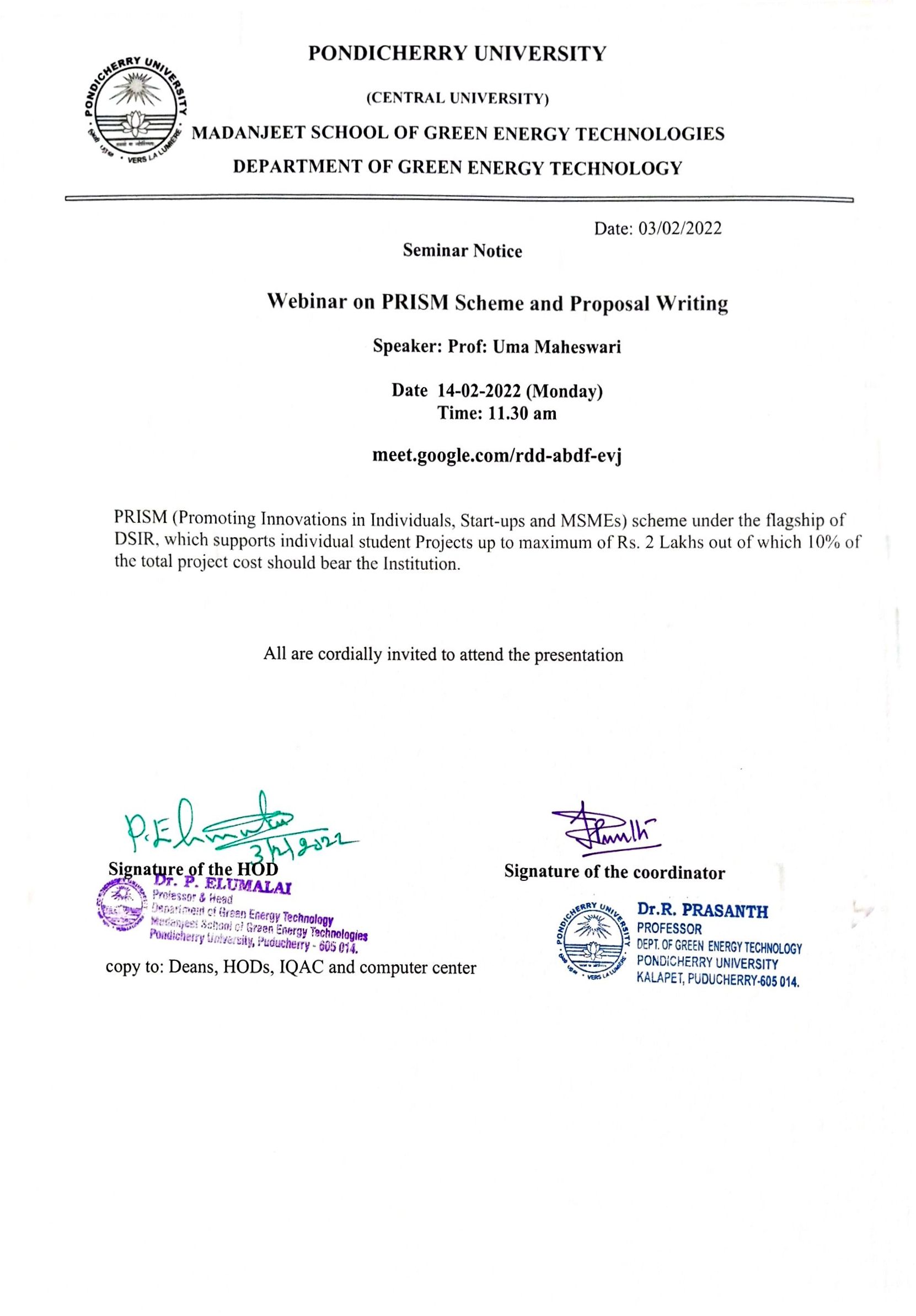 Webinar on PRISM Scheme and Proposal Writing – Department of Green ...