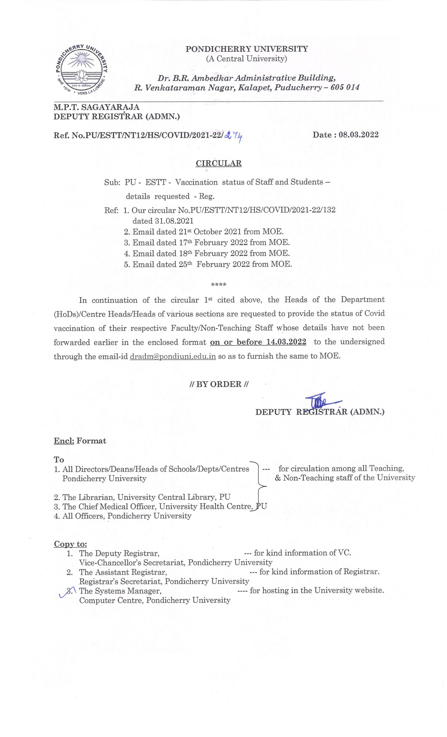 Vaccination Status of Faculty/Non-Teaching Staff – Details Requested ...