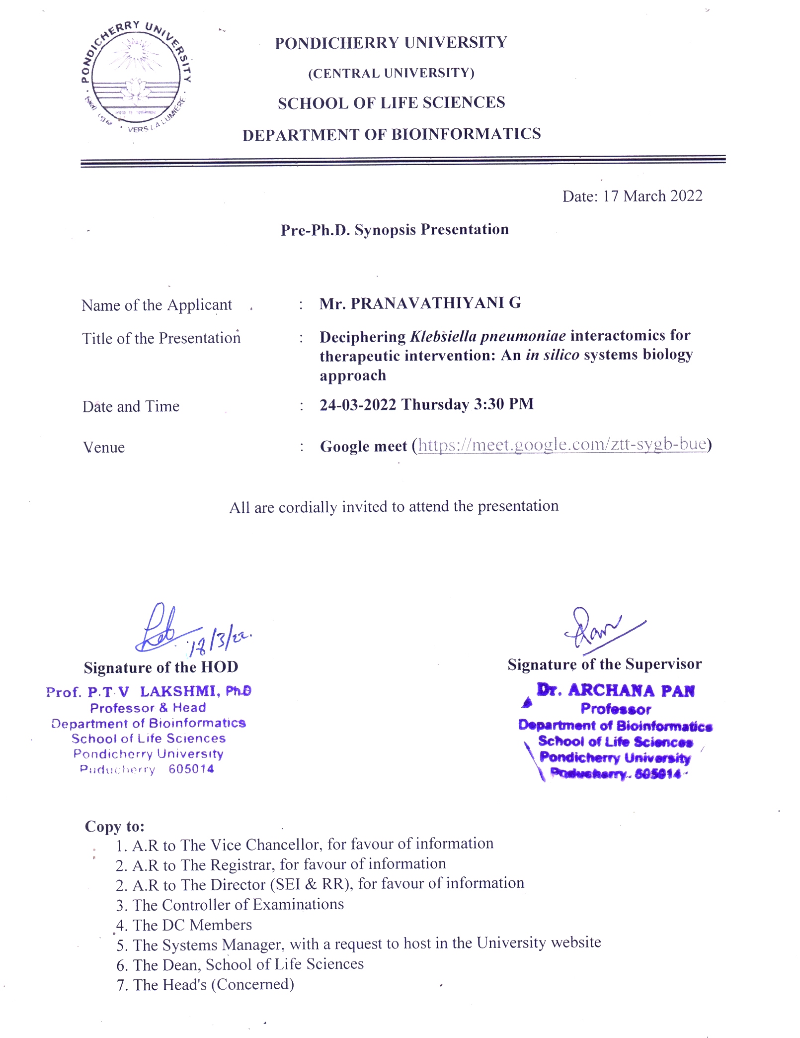 Pre-Ph.D. Synopsis Presentation notification of Mr. Pranavathiyani G on 24.03.2022 – Pondicherry ...