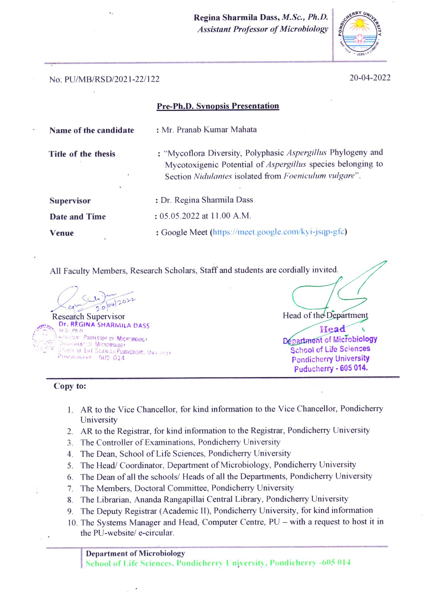 Pre-Ph.D. Synopsis Presentation notification of Mr. Pranab Kumar Mahata on 05.05.2022 ...