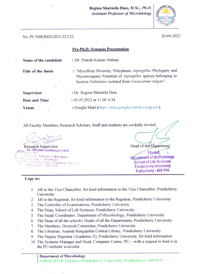 Pre-Ph.D. Synopsis Presentation notification of Mr. Pranab Kumar Mahata on 05.05.2022 ...
