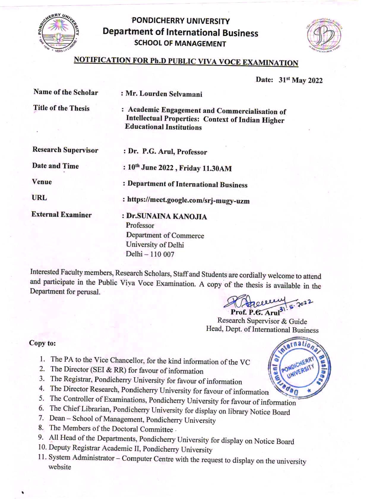 Ph.D. Public Viva-Voce Examination notification of Mr. Lourden ... Ph.D. Public Viva-Voce Examination notification of Mr. Lourden ...