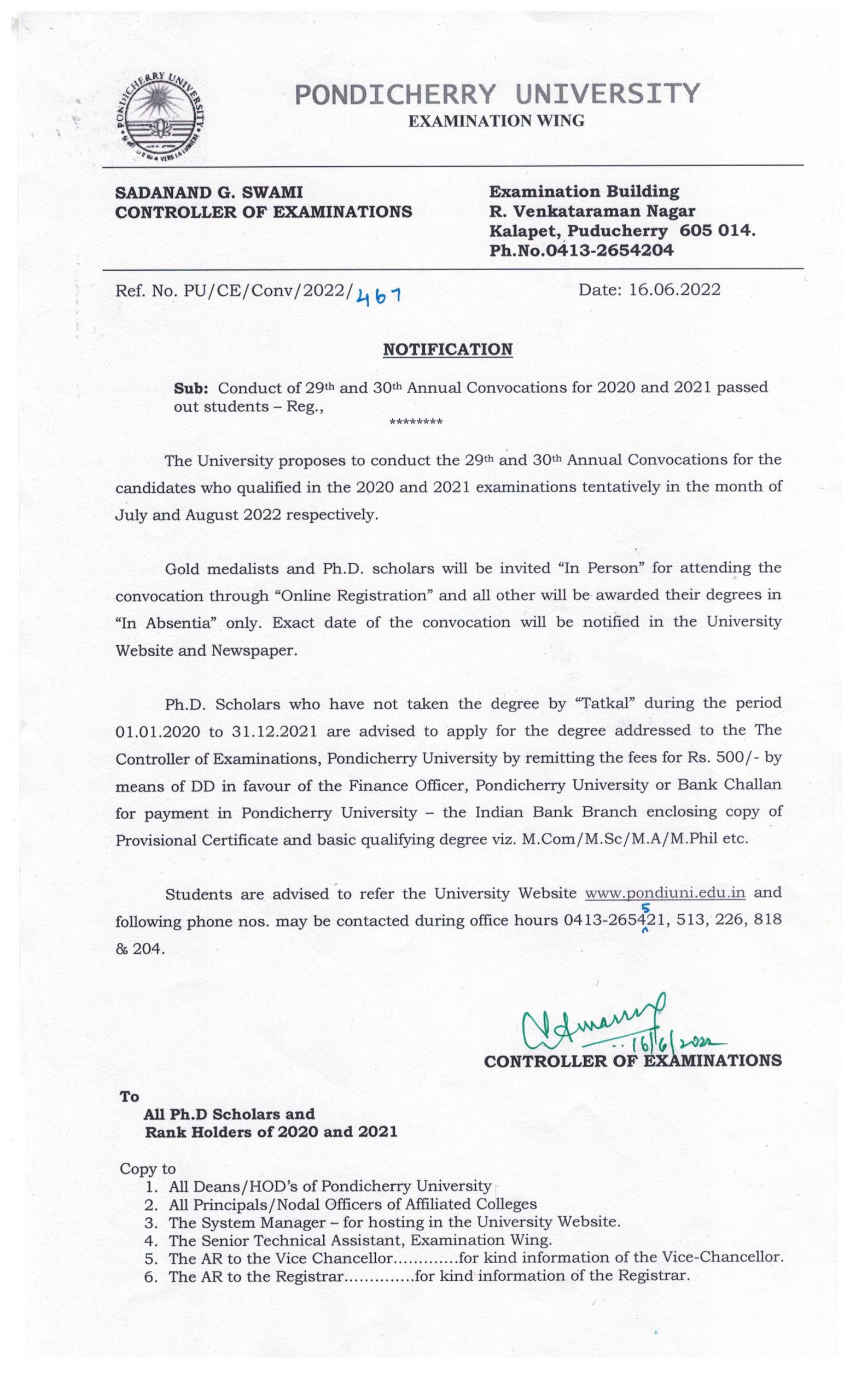 Conduct of 29th and 30th Annual Convocation for 2020 and 2021 passed ...