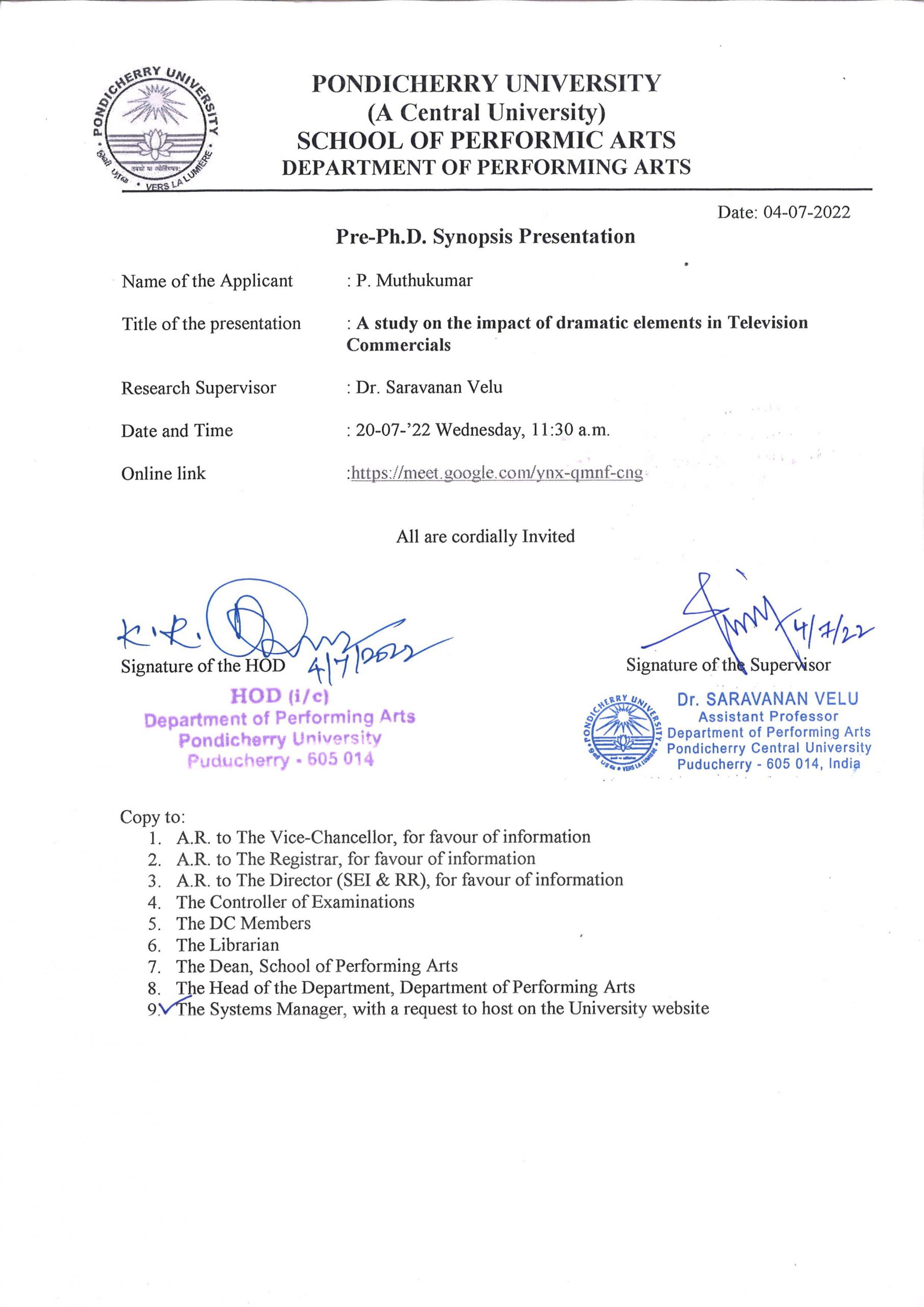 Pre-Ph.D. Synopsis Presentation notification of P. Muthukumar on 20.07. ...