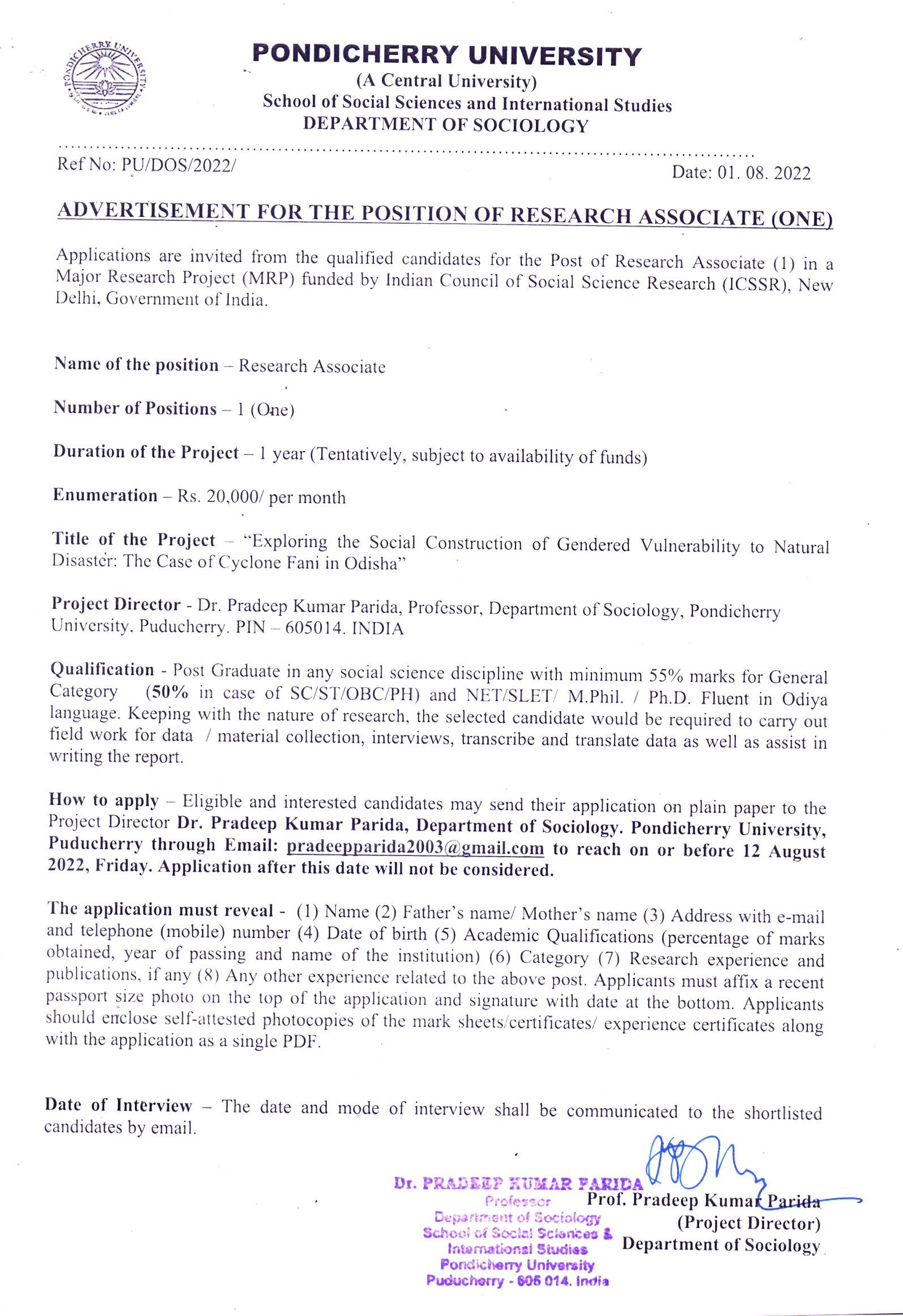 Advertisement for the Position of Research Associate – Department of ...