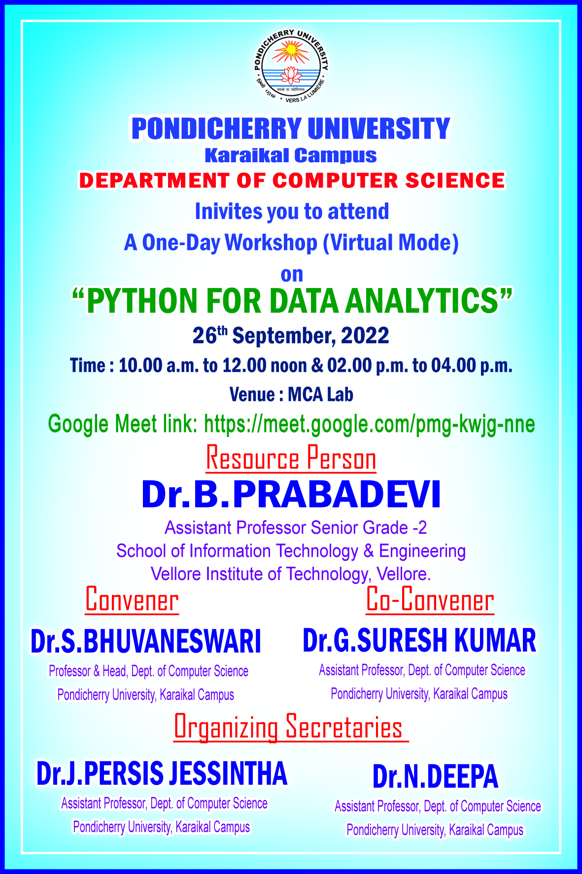 Workshop on “Python for Data Analytics” – Department of Computer Science, Karaikal Campus ...