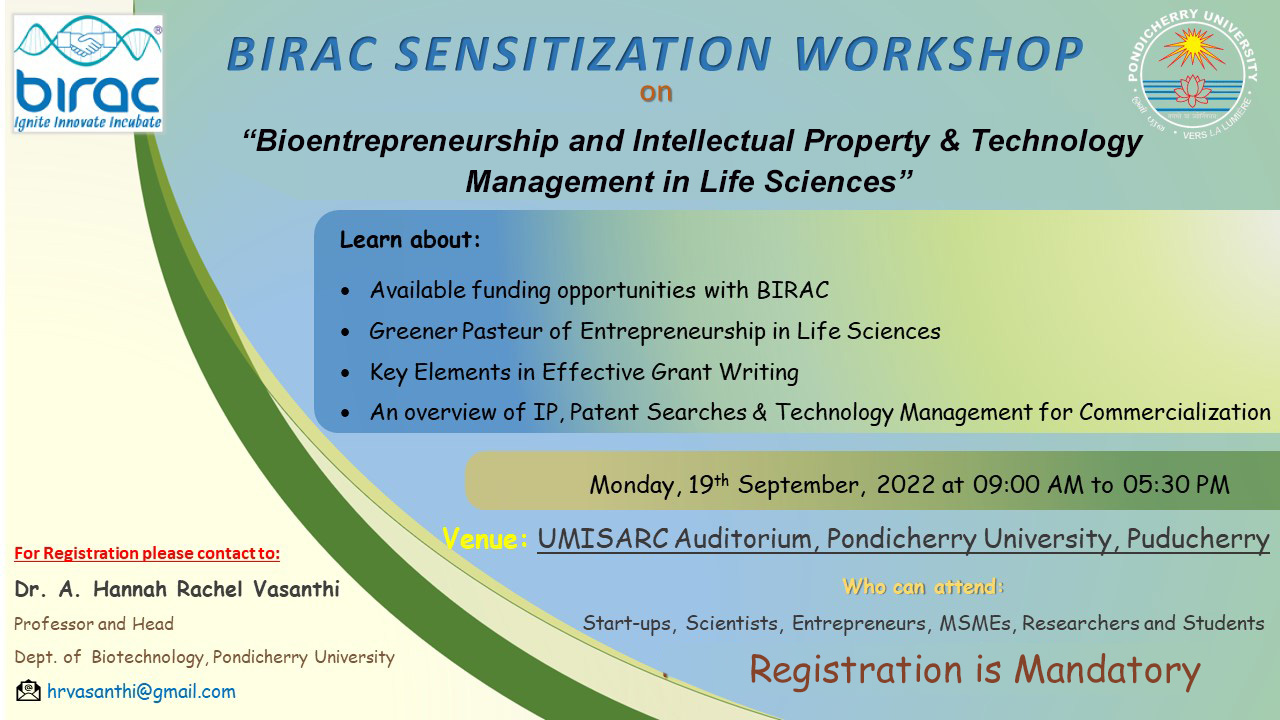 Workshop on Bio Entrepreneurship and Intellectual Property & Technology ...