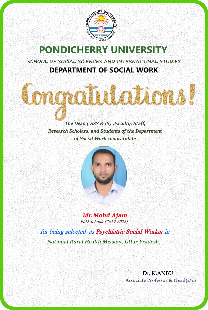 Student Achievement – Congratulations Message – Department of Social Work – Pondicherry University