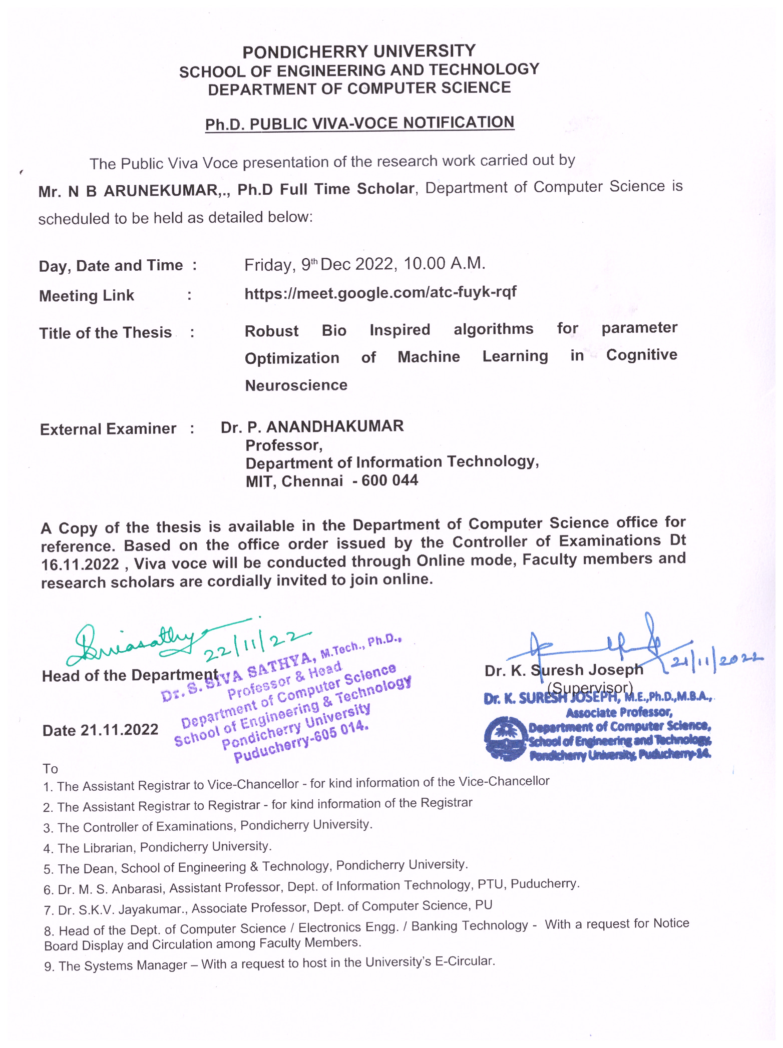 Ph.D. Public Viva-Voce notification of Mr. N B Arunekumar on 09.12.2022 ... Ph.D. Public Viva-Voce notification of Mr. N B Arunekumar on 09.12.2022 ...