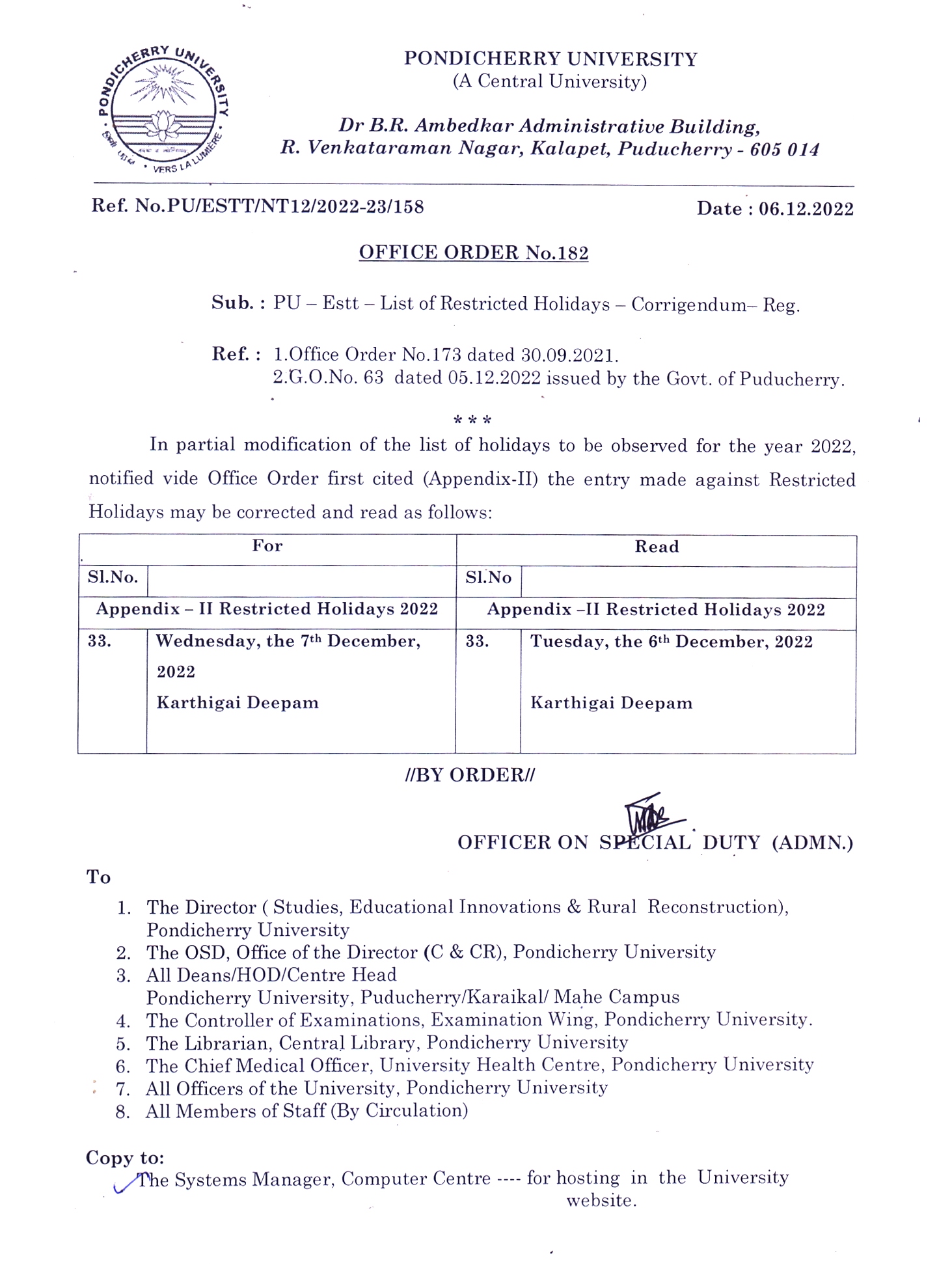 List of Restricted Holidays – Corrigendum – Pondicherry University