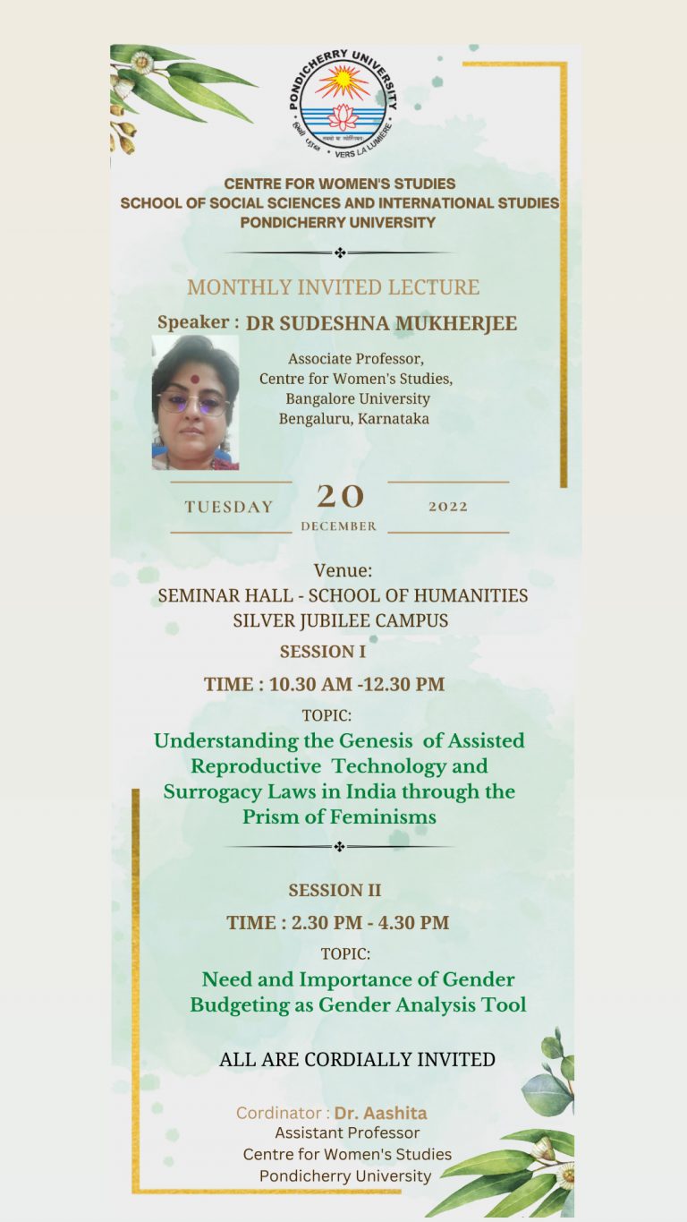 Monthly Invited Lecture – Centre for Women’s Studies – Pondicherry ...