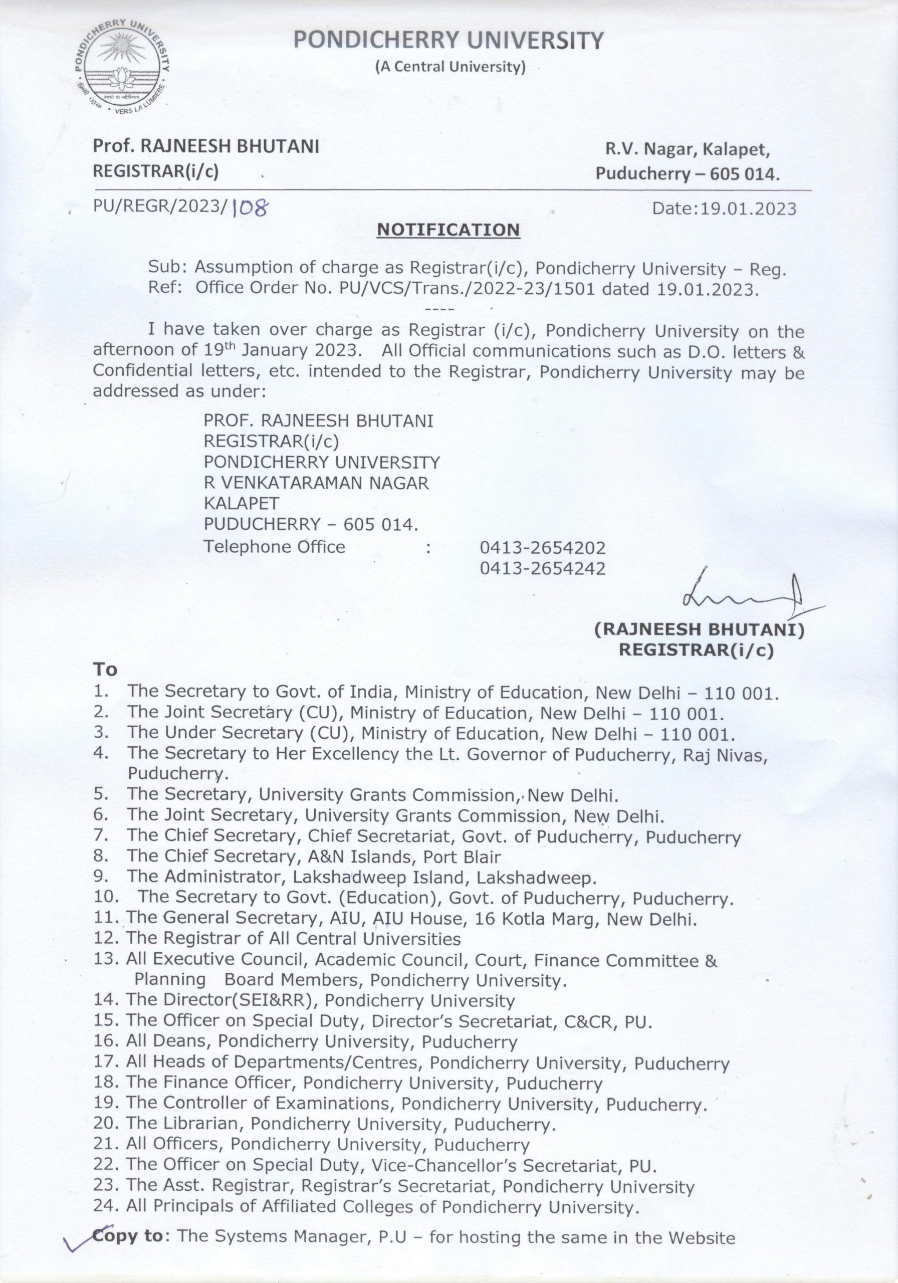 Assumption of charge as Registrar(i/c) – Pondicherry University