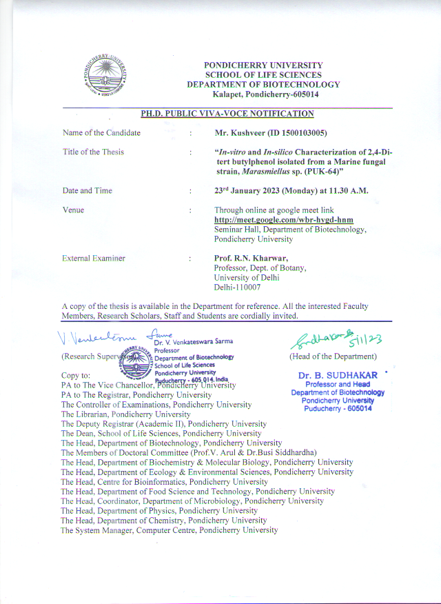 Ph.D. Public Viva-Voce notification of Mr. Kushveer on 23.01.2023 ... Ph.D. Public Viva-Voce notification of Mr. Kushveer on 23.01.2023 ...
