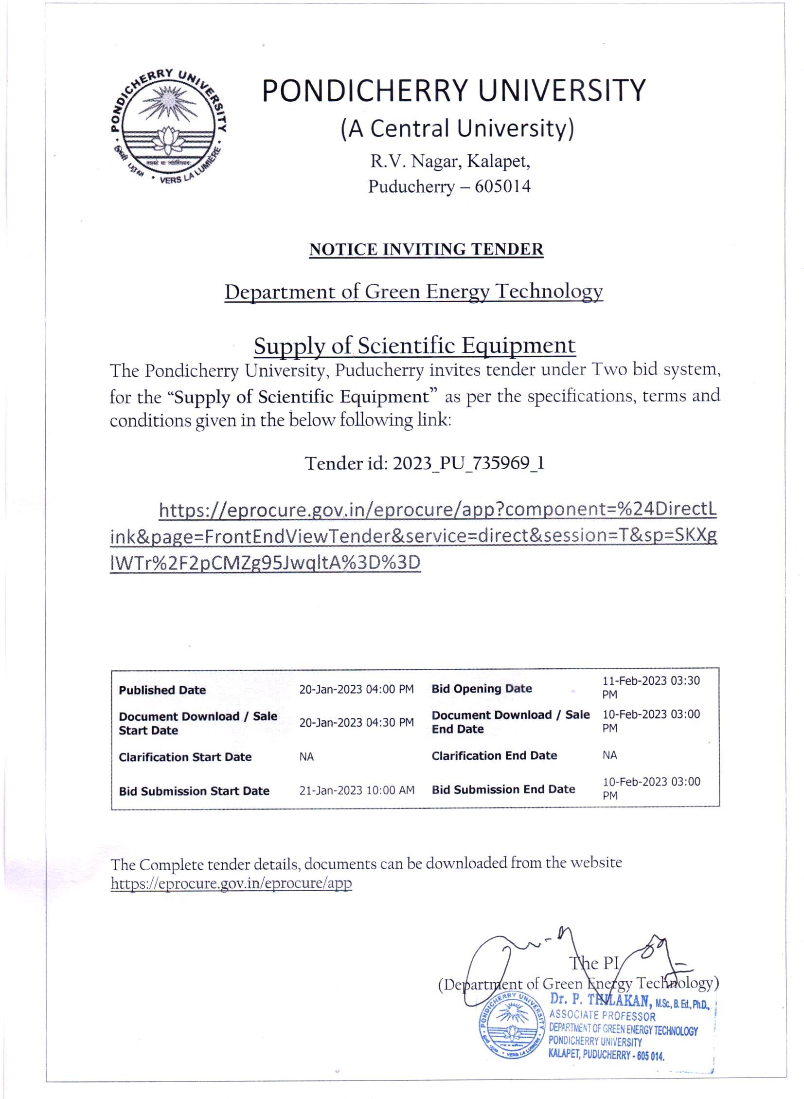 Tender for Supply of Scientific Equipment – Department of Green Energy ...